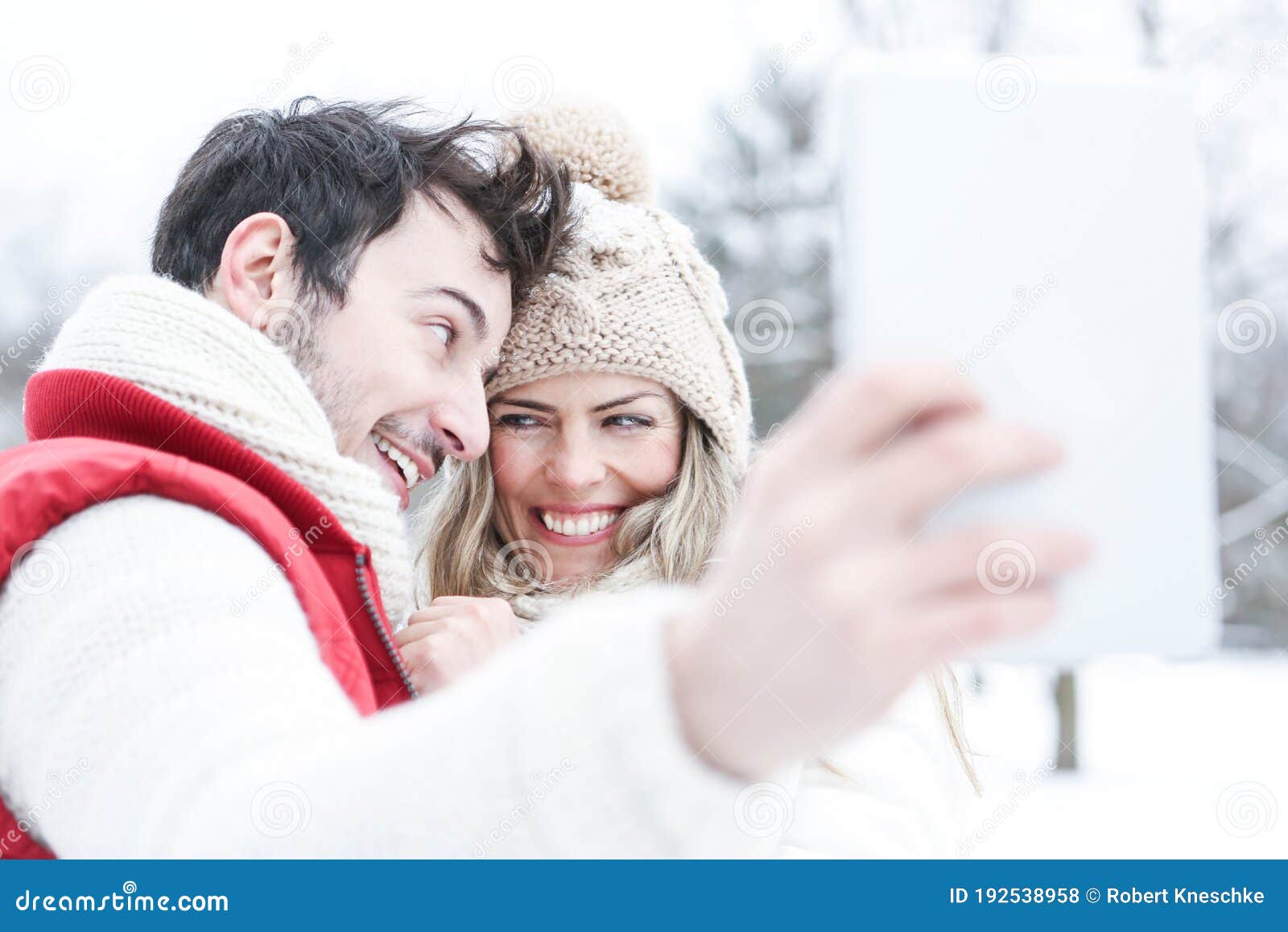 Couple Makes Self-portraits with Tablet Computer Stock Photo - Image of ...