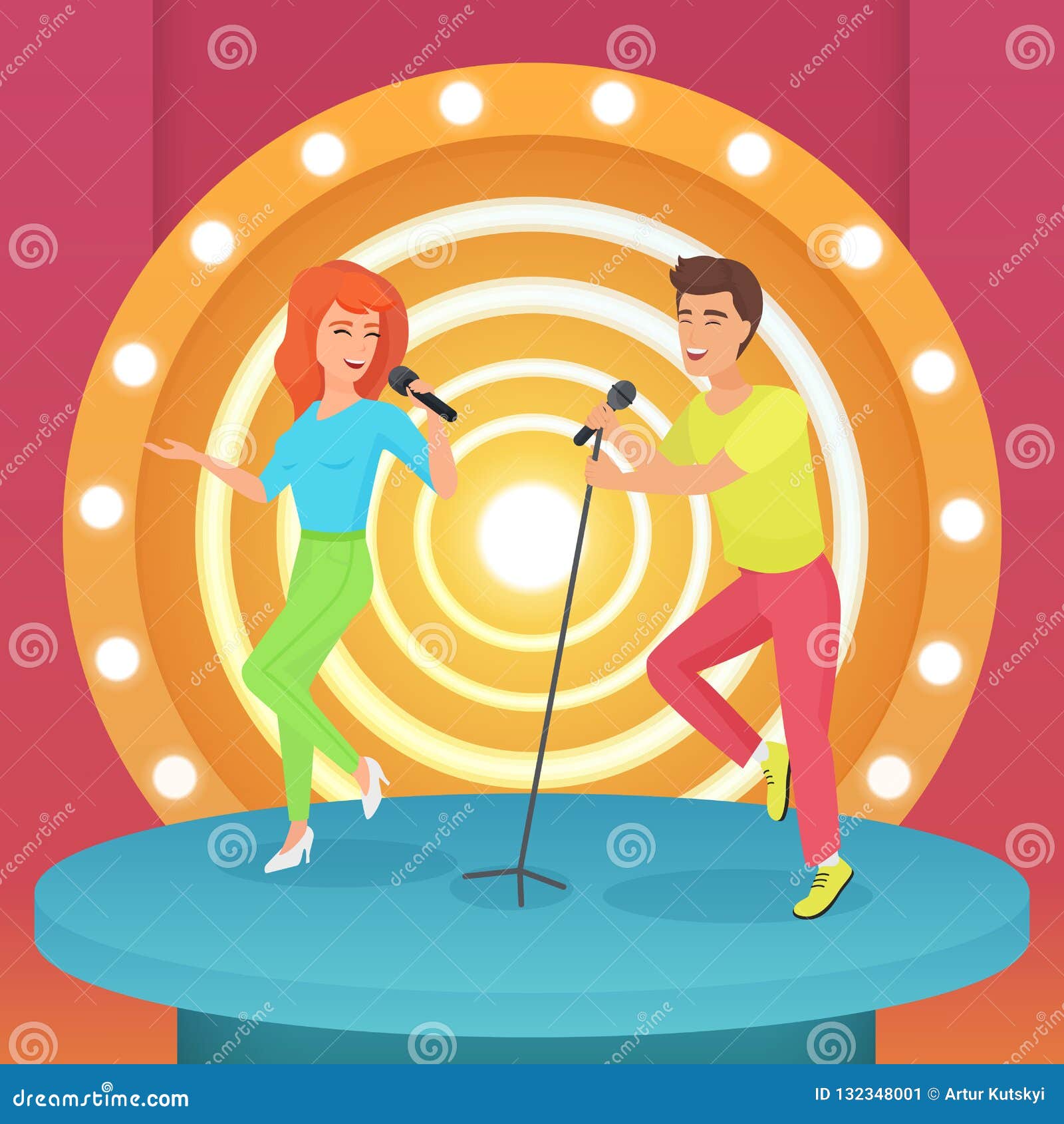 Couple Man And Woman Singing Karaoke Song With Microphone Standing On