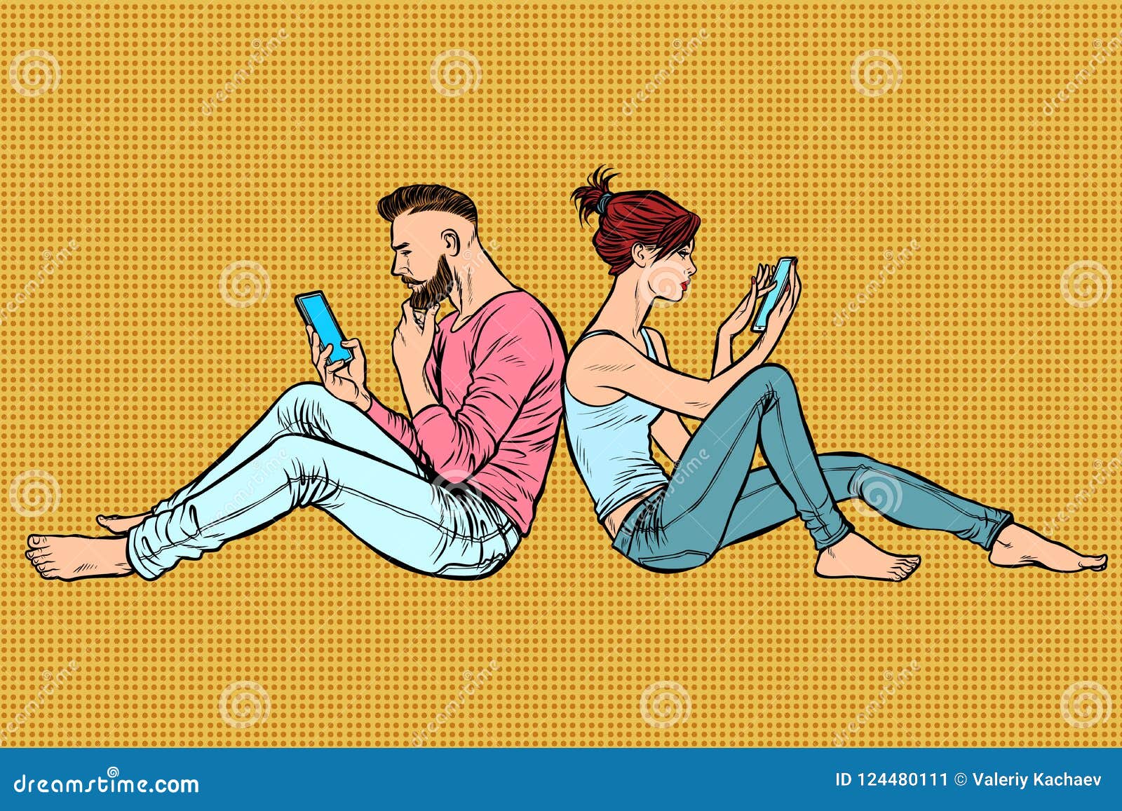 Couple Of Man And Woman Sitting Back To Back And Reading Phone Stock