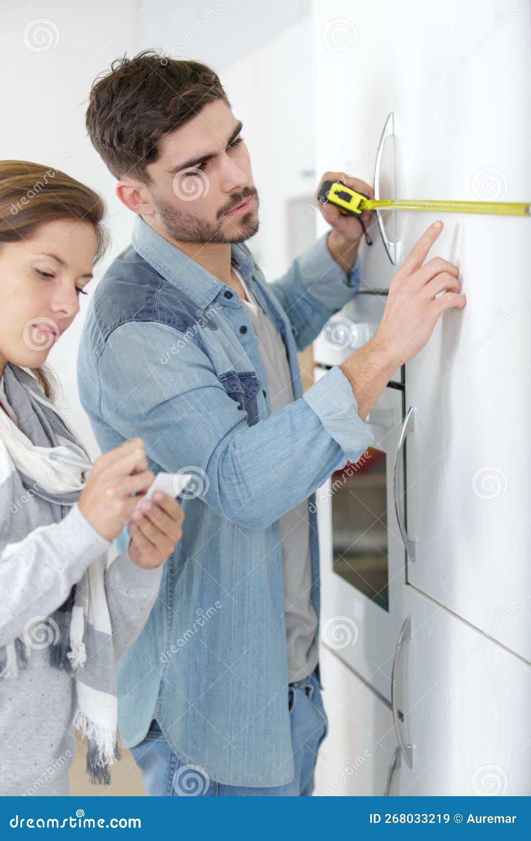 Couple Measuring Kitchen Cabinet with Tape Ruler Stock Image - Image of ...