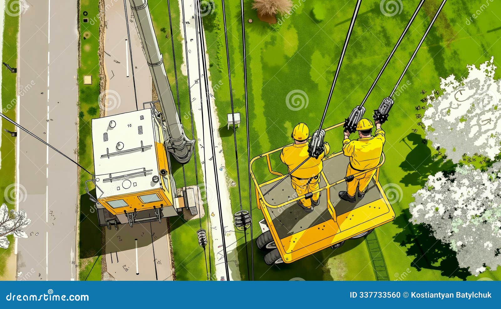 A Couple of Men in Yellow Uniforms are Working on a Power Line Stock ...