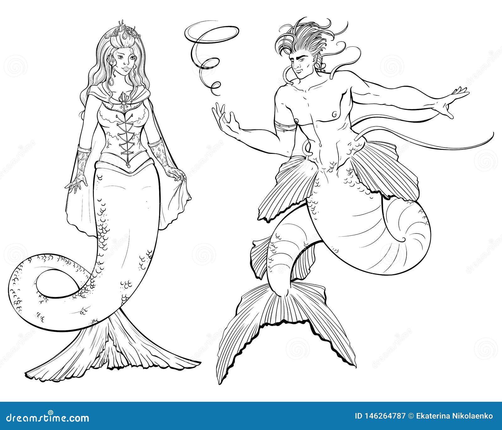 Couple Of Mermaid And Merman Design For Print Poster Banner Isolated Objects On White