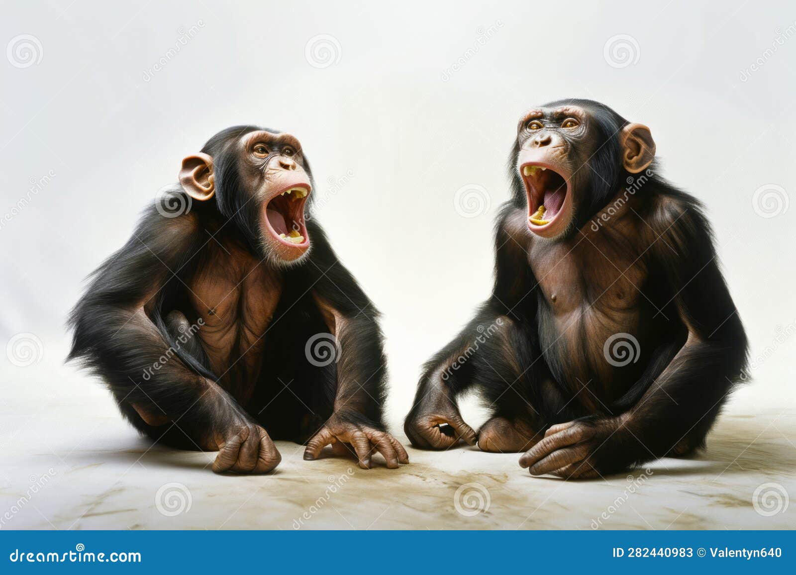 Couple of Monkeys Sitting Next To Each Other on Top of Table ...