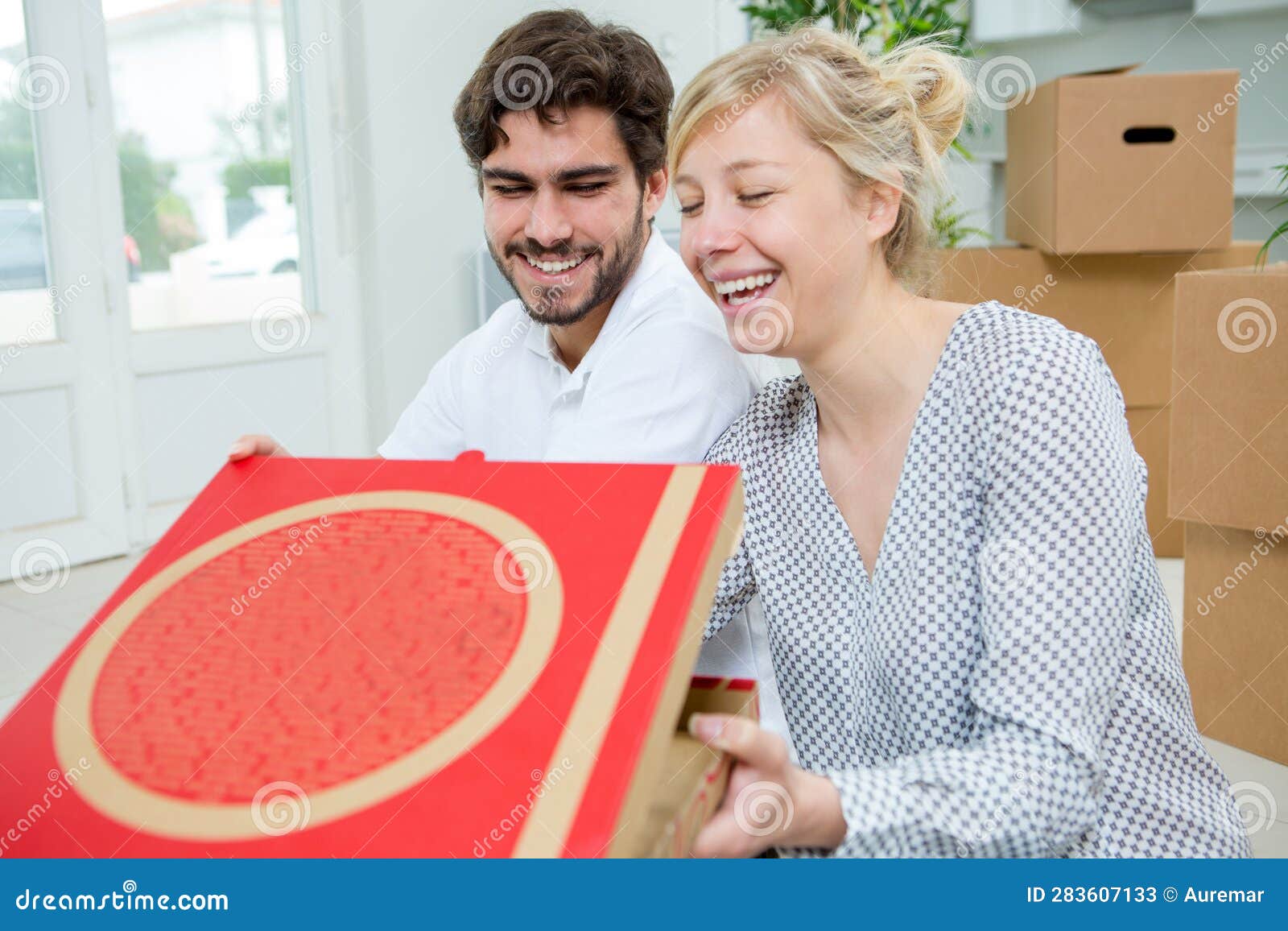 Couple Moving House Eating Pizza Stock Image - Image of couple, moving ...