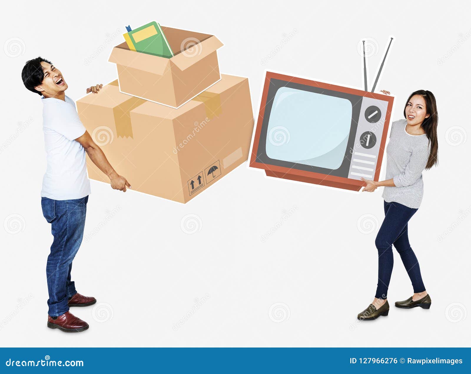 Couple Moving Packing. Happy Young Family Opening Packages In New House ...