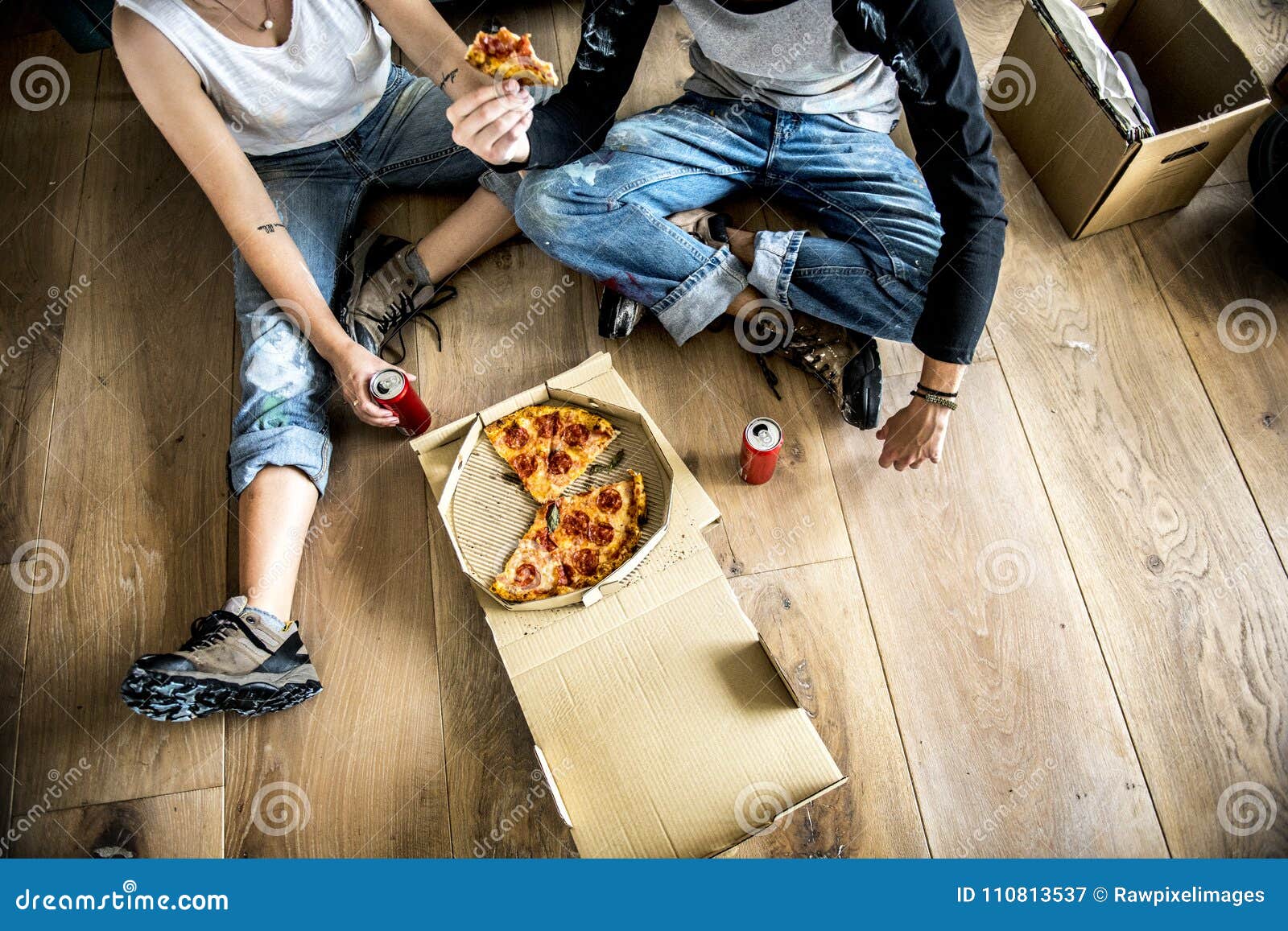 Couple Moving into New House Eating Pizza Stock Image - Image of fast ...