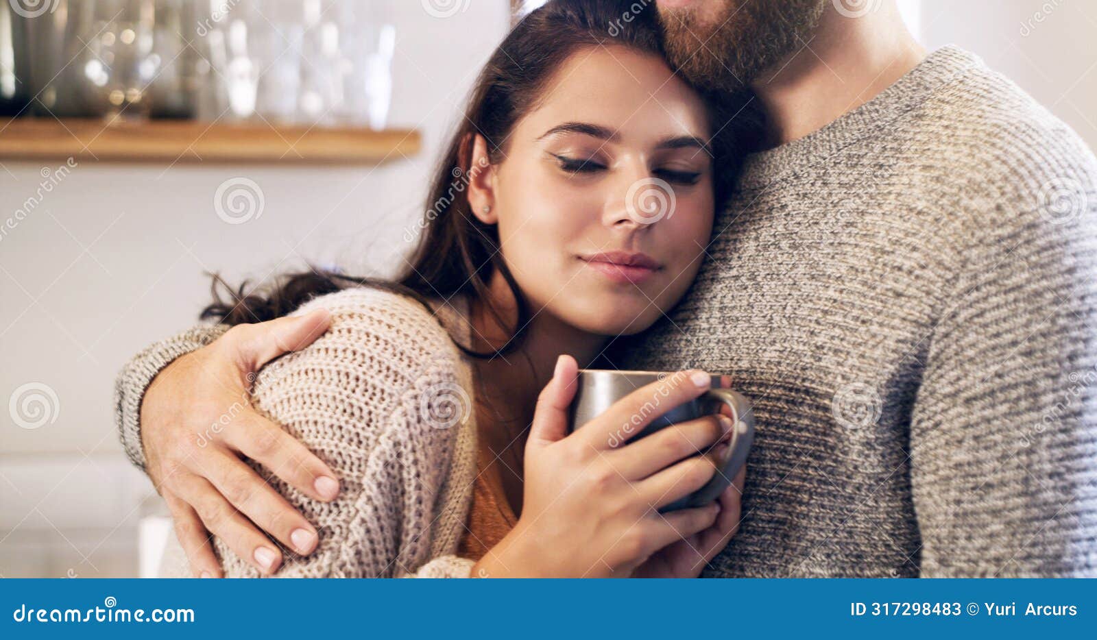 Couple, People and Eyes Closed with Hug in Kitchen, Together and ...
