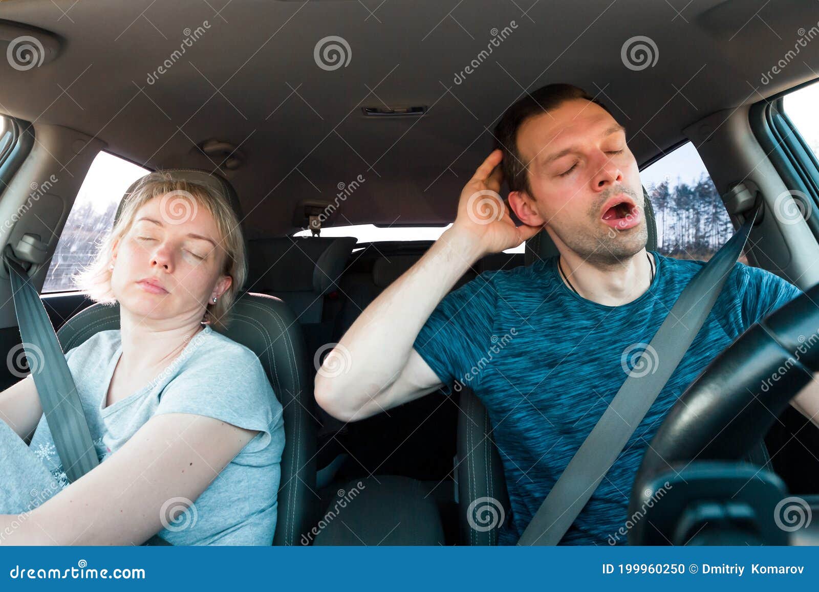 Couple Of People Fall Asleep Driving Car Danger Of Tired Driver