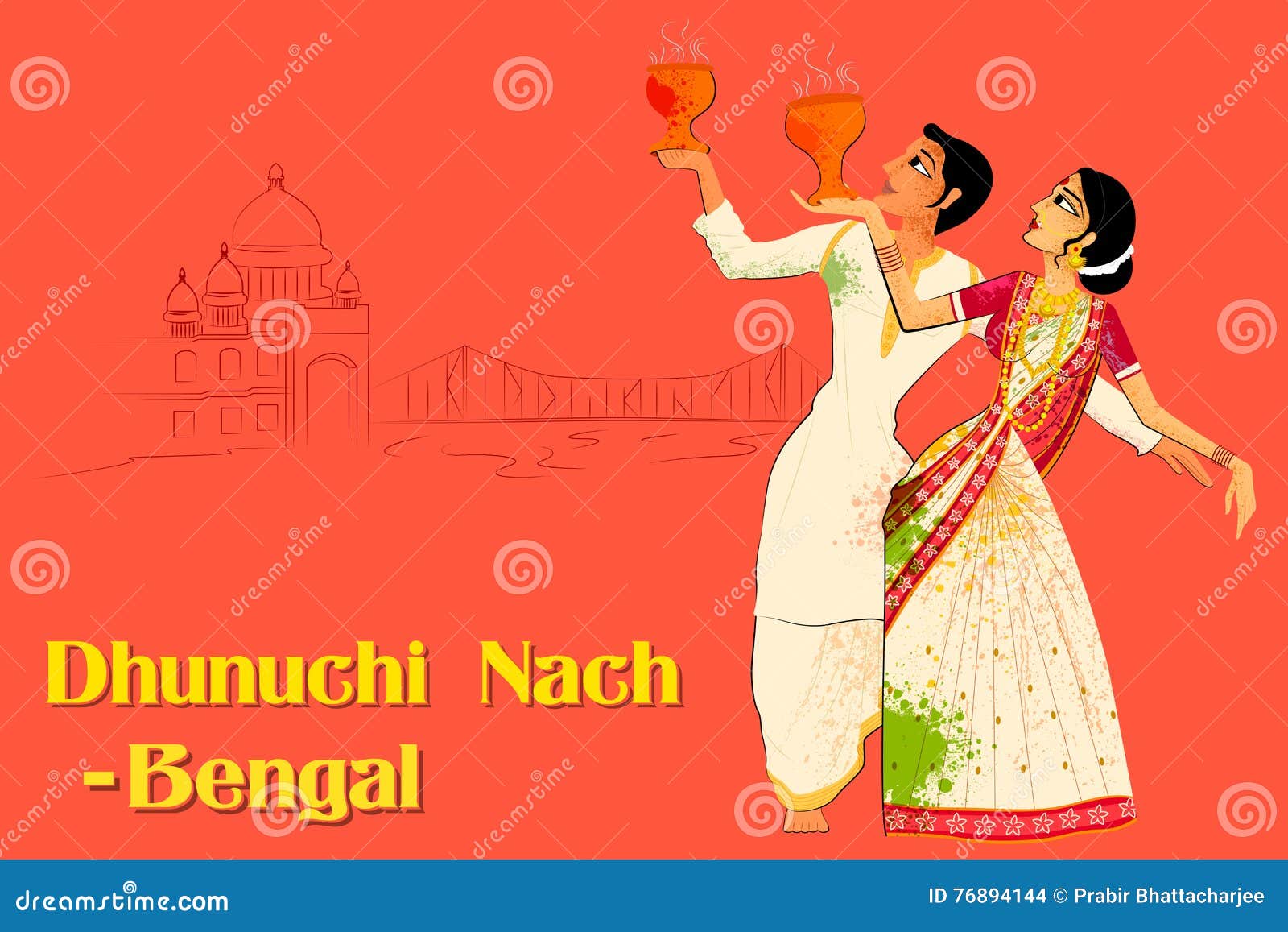 Couple Performing Dhunuchi Dance of Bengal, India Stock Vector ...