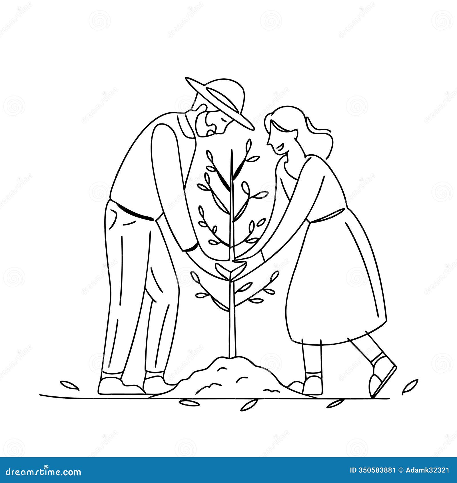 Couple Planting Tree Line Art Vector Symbolizing Nature Conservation ...