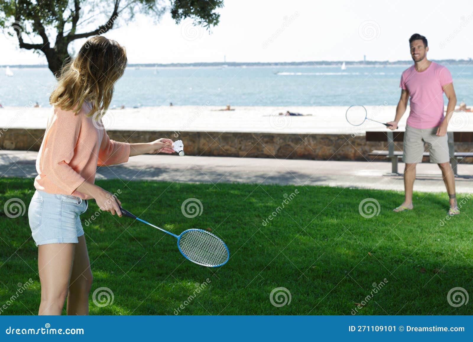 Couple Playing Badminton Near Beach Stock Image - Image of sunny ...
