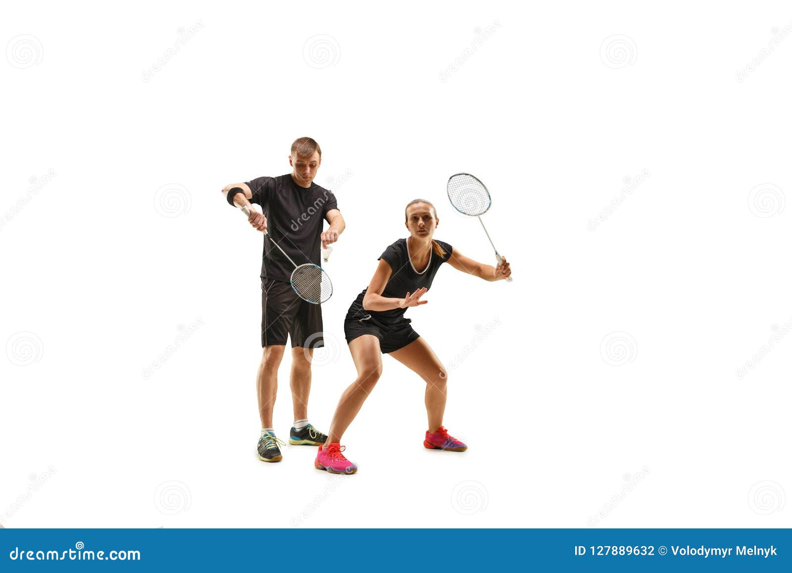 Couple Playing with Badminton Rackets Isolated on White Stock Photo ...