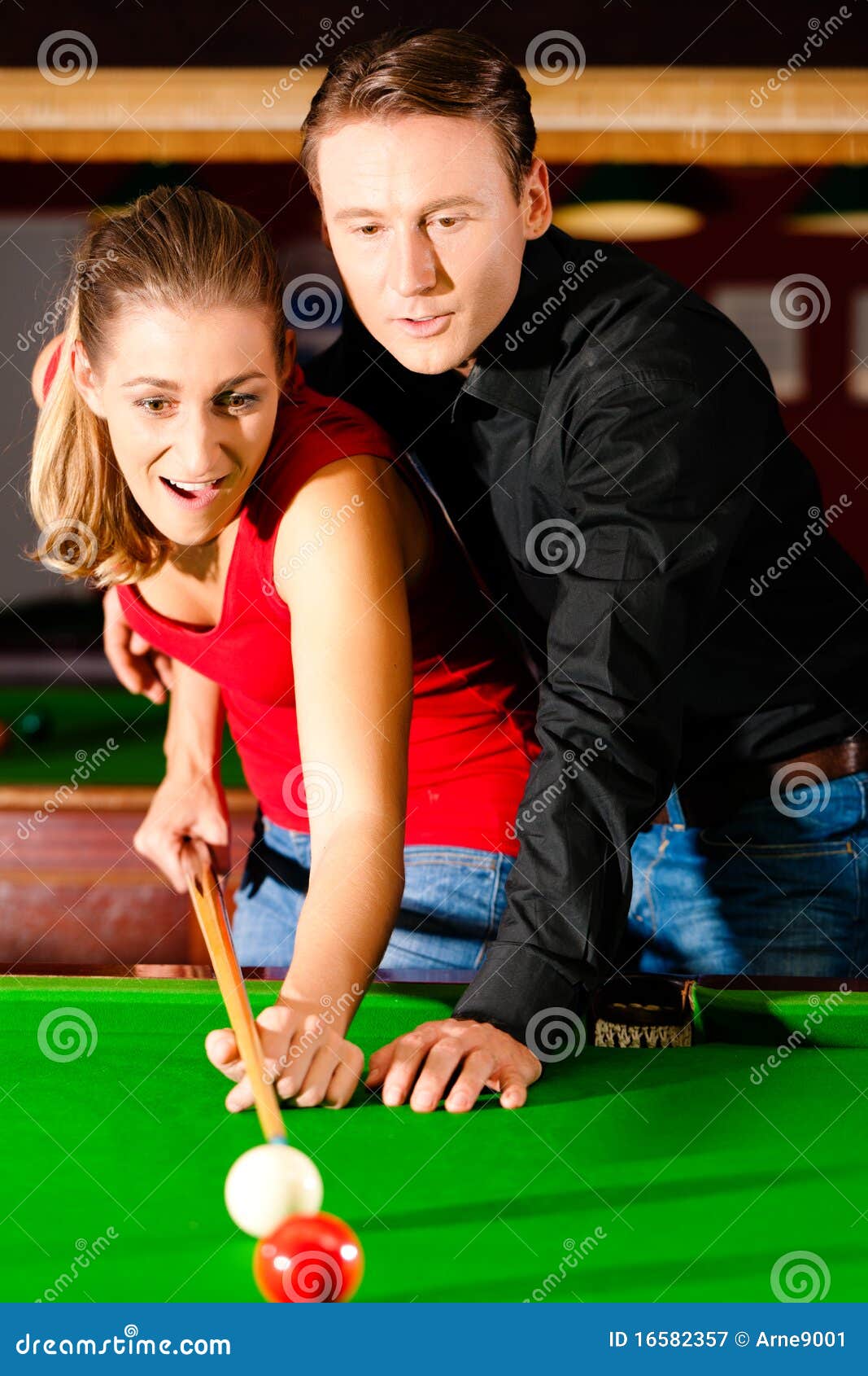 Couple playing billiards stock image. Image of game, couple - 16582357