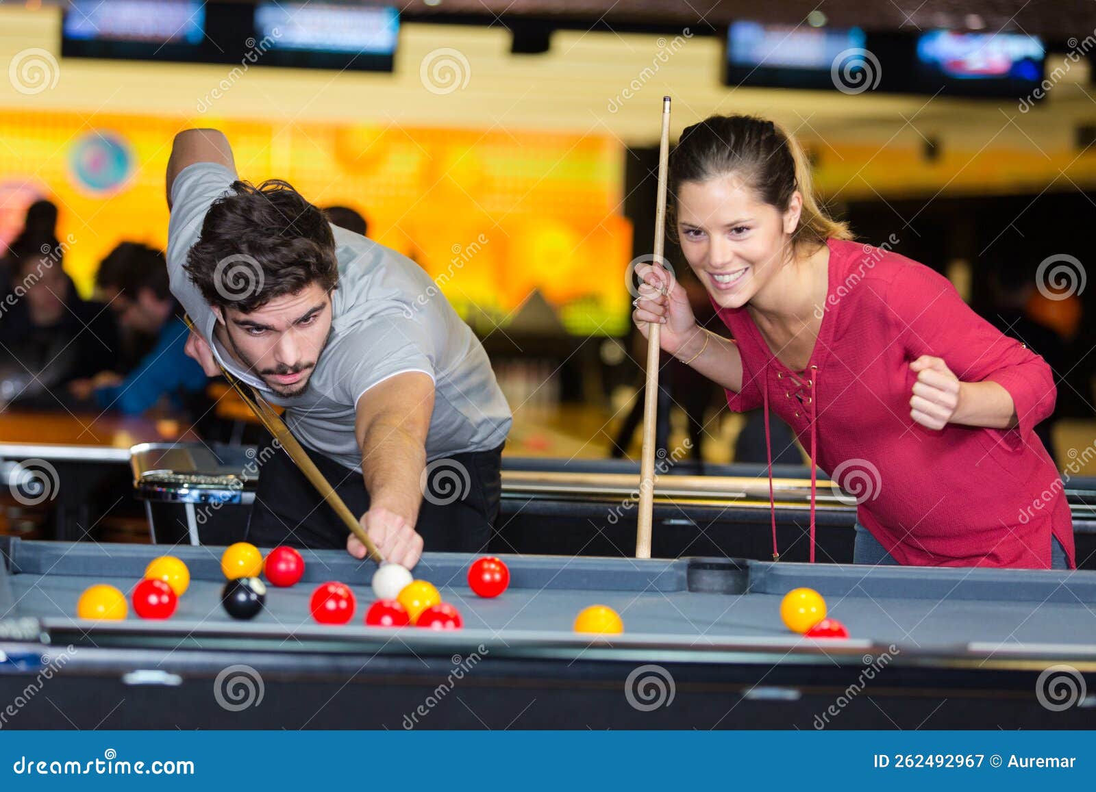Couple Playing Billiards and Bonding Stock Image - Image of billiard ...