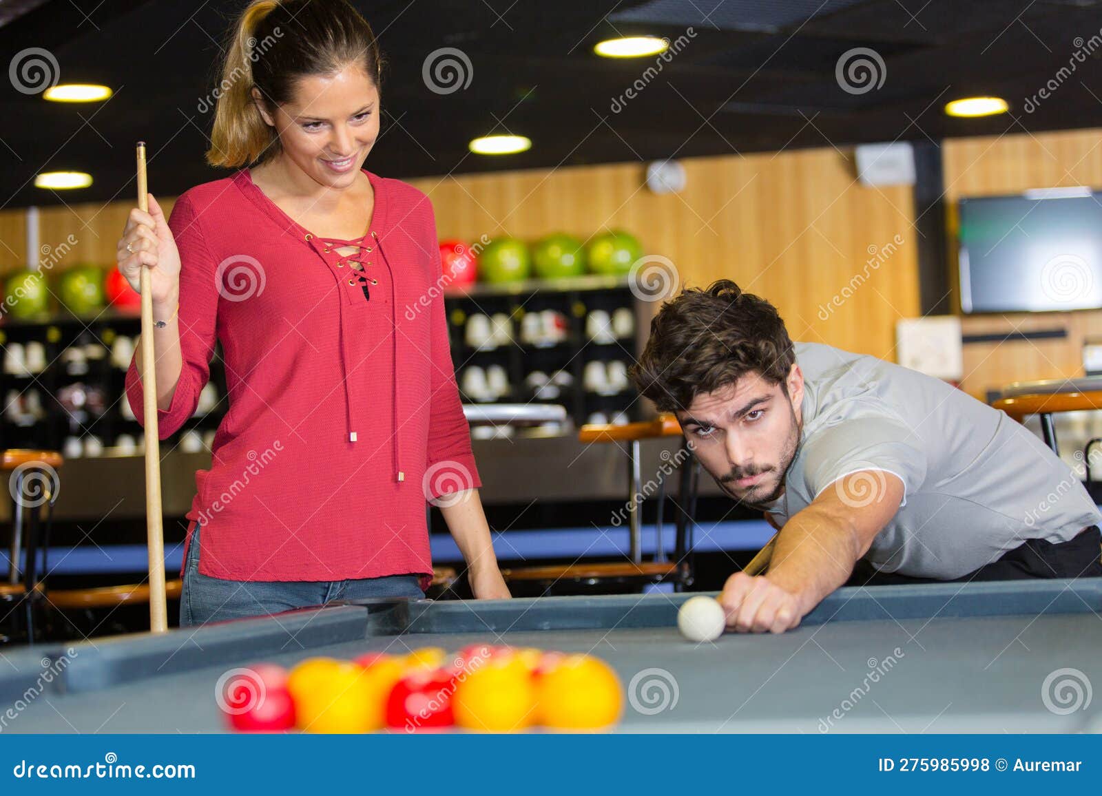 Couple Playing Billiards and Bonding Stock Photo - Image of queue, love ...