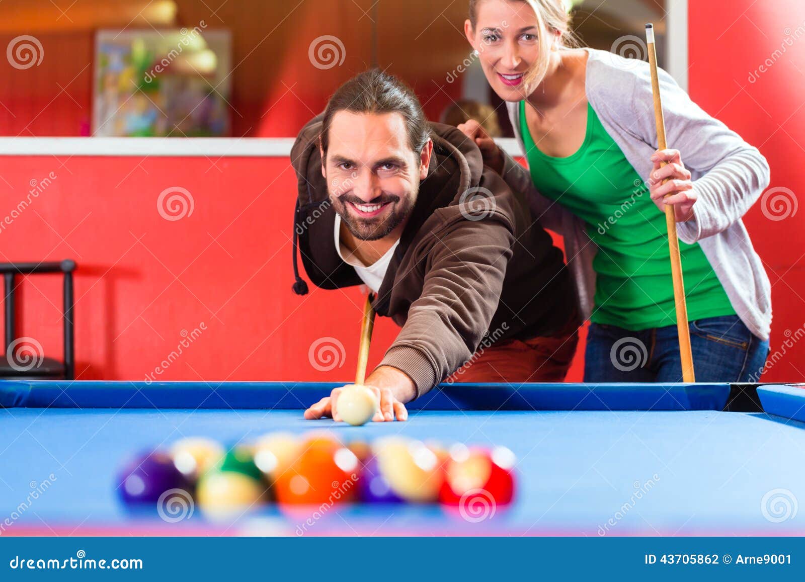 Couple Playing Pool Billiard Game Stock Photo - Image of queue, kick ...