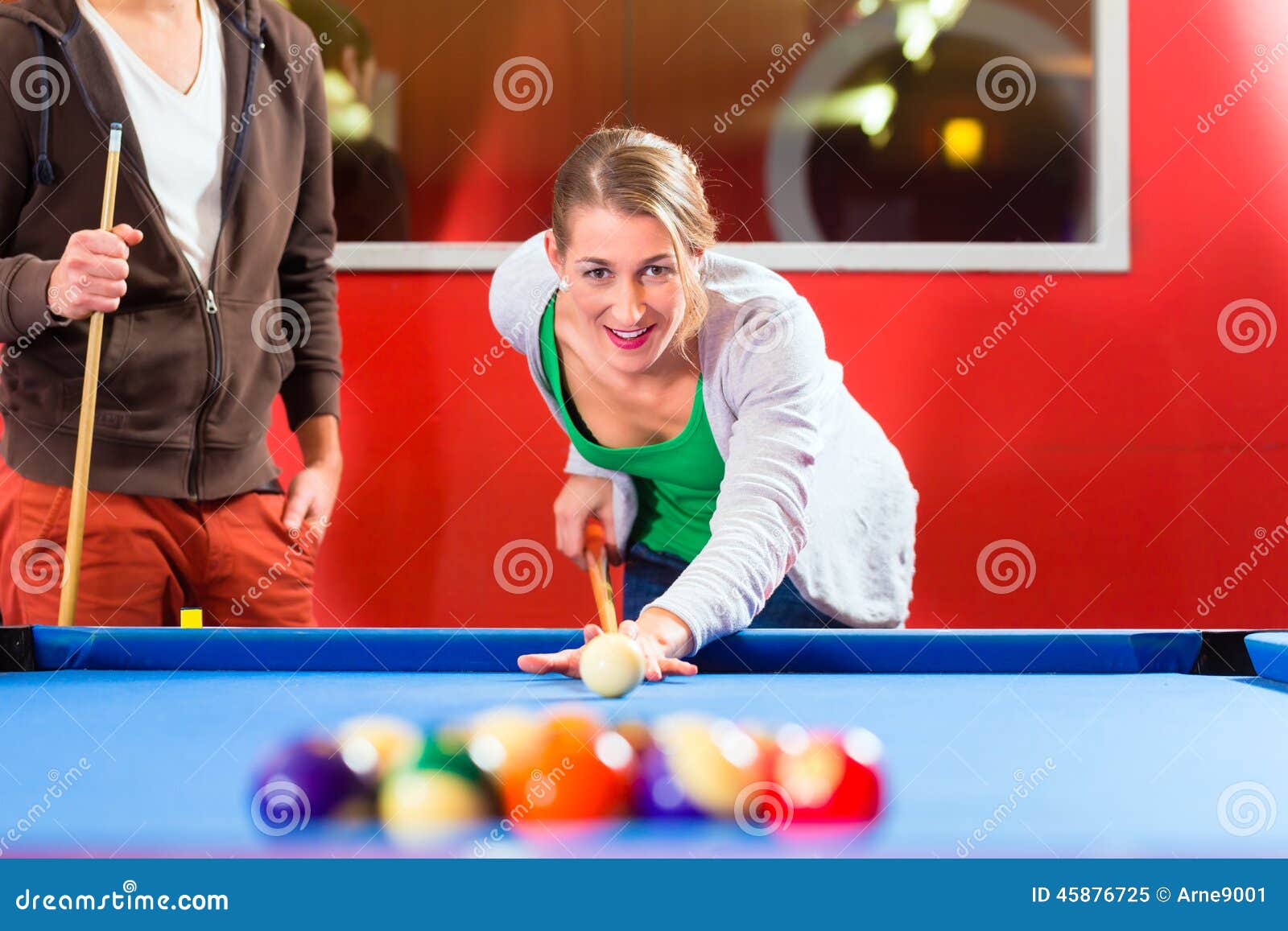 Couple Playing Pool Billiard Game Stock Image - Image of tactic, angle ...
