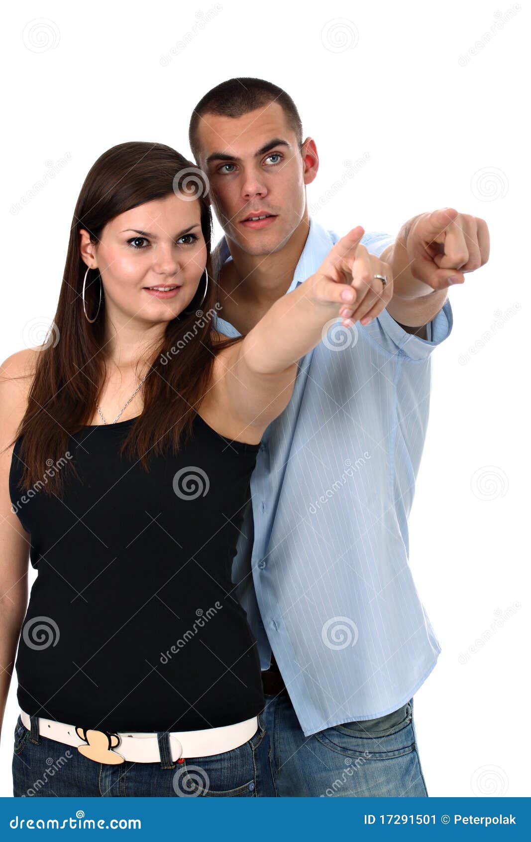 Couple Pointing Index Fingers To Side Isolated Stock Image - Image of ...