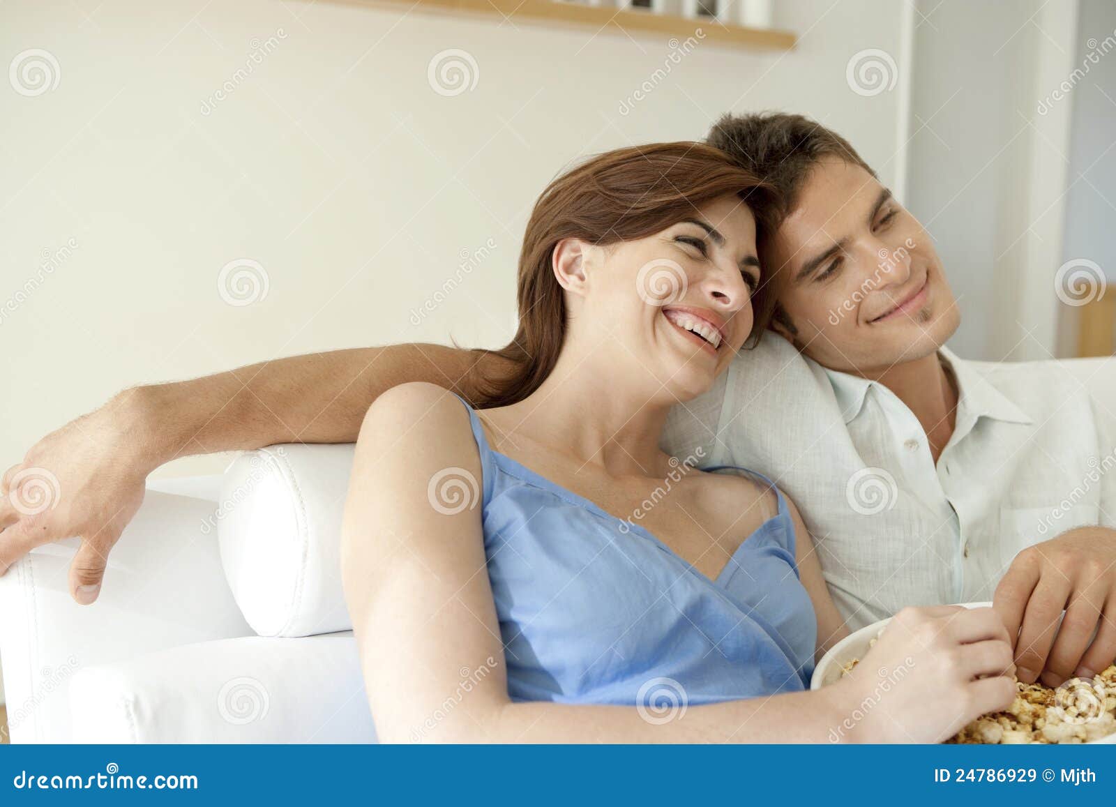 Couple with Popcorn Laughing Stock Image - Image of interaction, eating ...