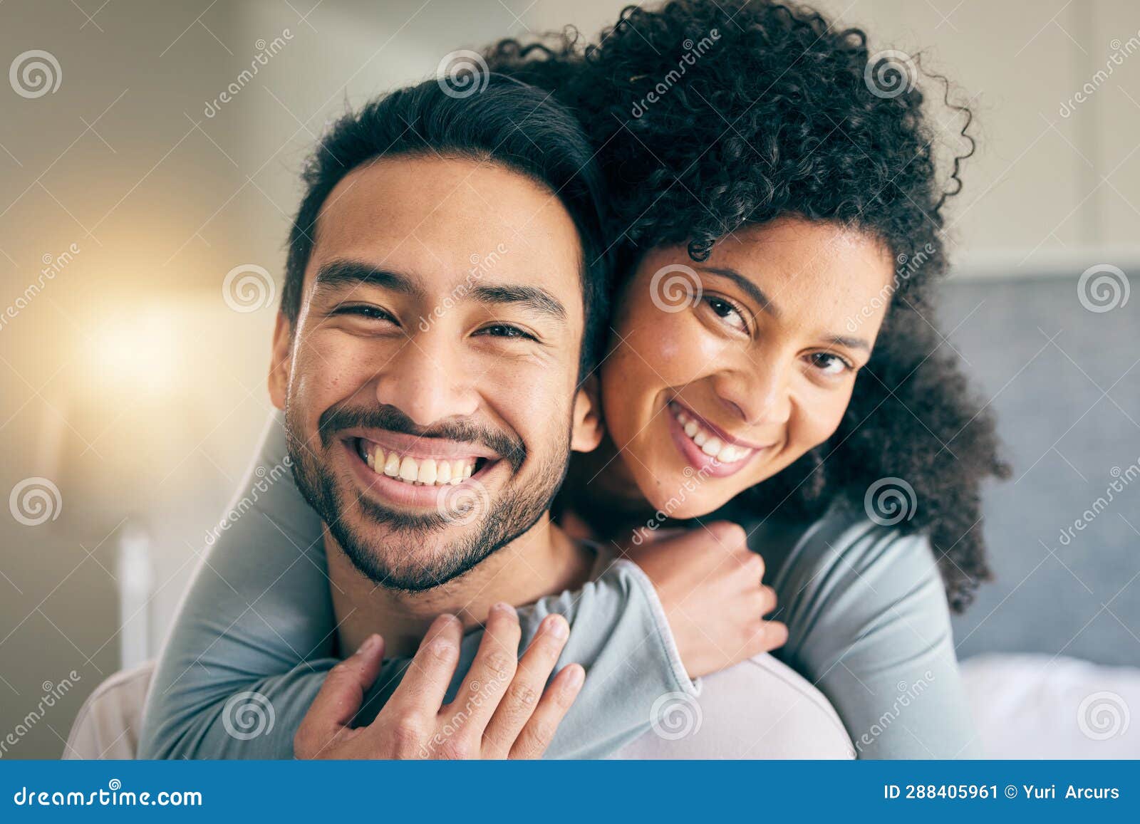 Couple Portrait And Hug In Bedroom Smile And Love With Bonding Care