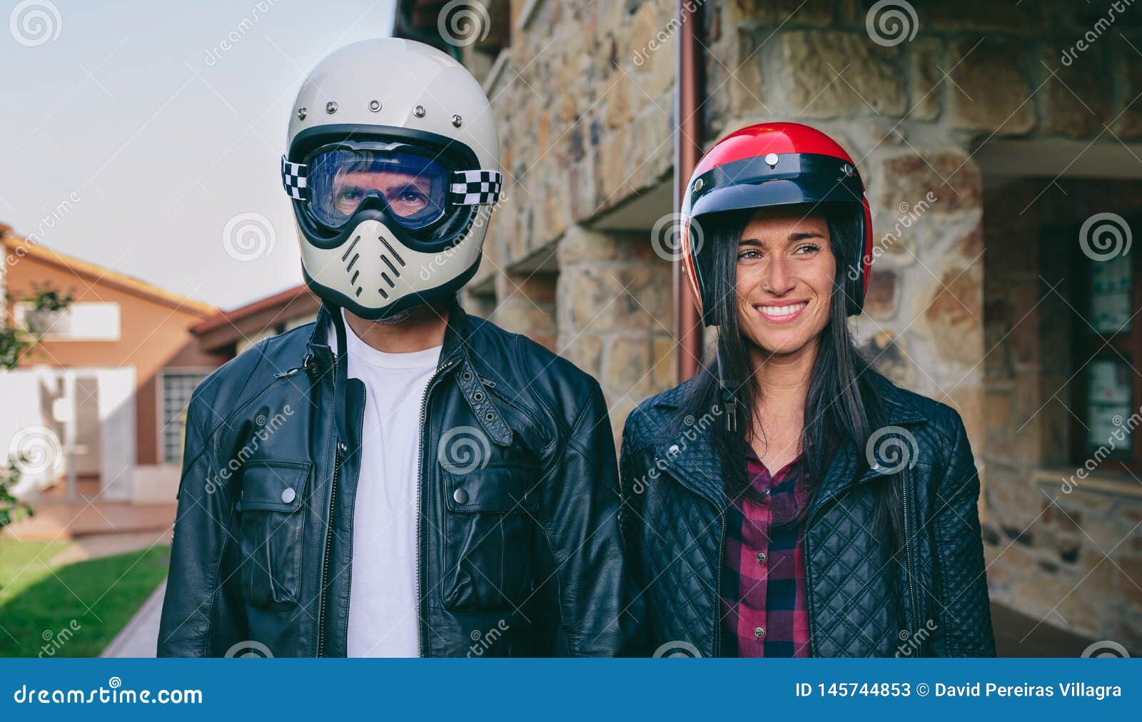 Couple Posing with Motorcycle Helmets Stock Image - Image of fashion ...