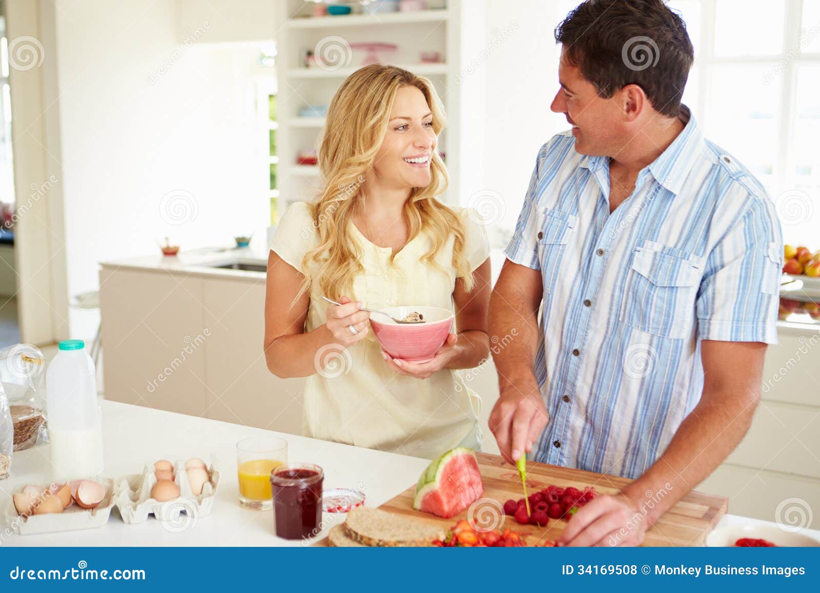 Couple Preparing Healthy Breakfast in Kitchen Stock Photo - Image of ...