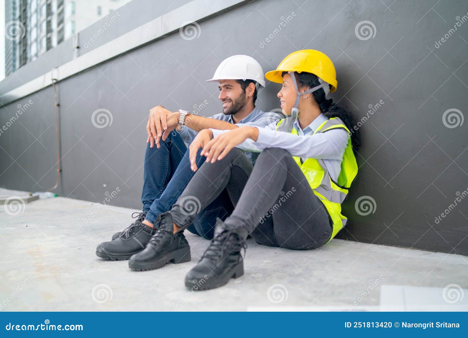 Couple Professional Engineer or Technician Sit on the Floor of Terrace ...