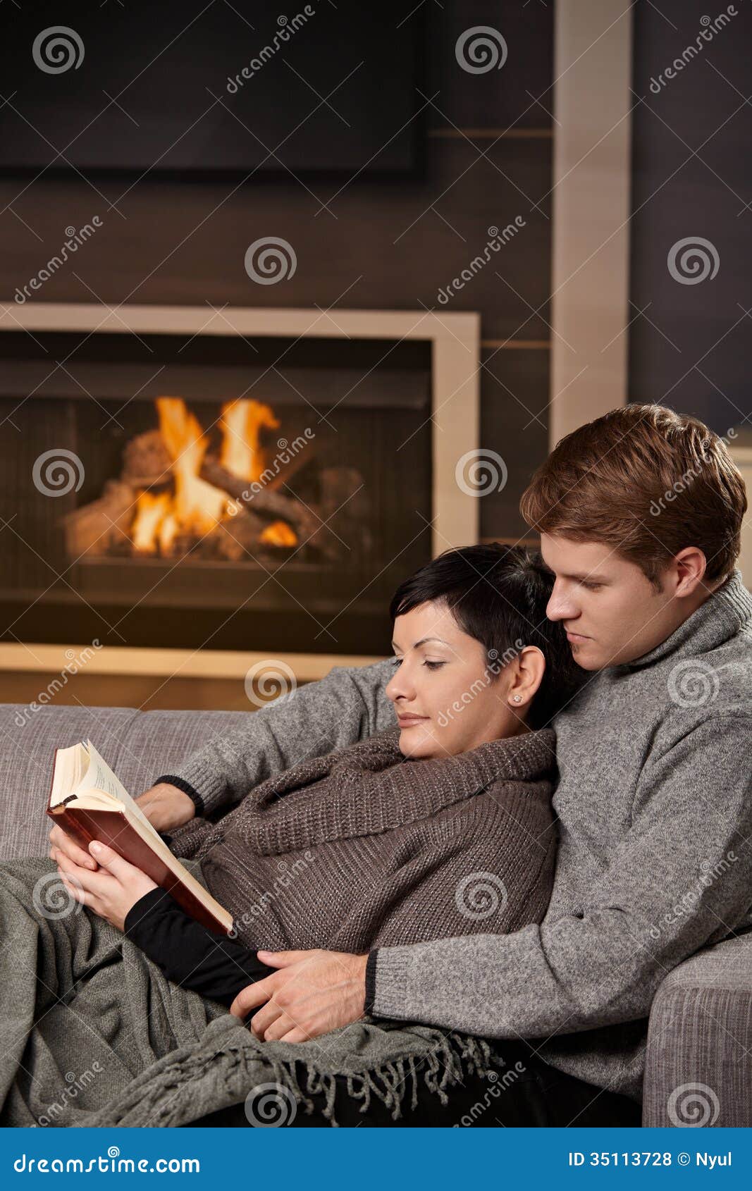 Couple reading at home stock photo. Image of fireplace - 35113728