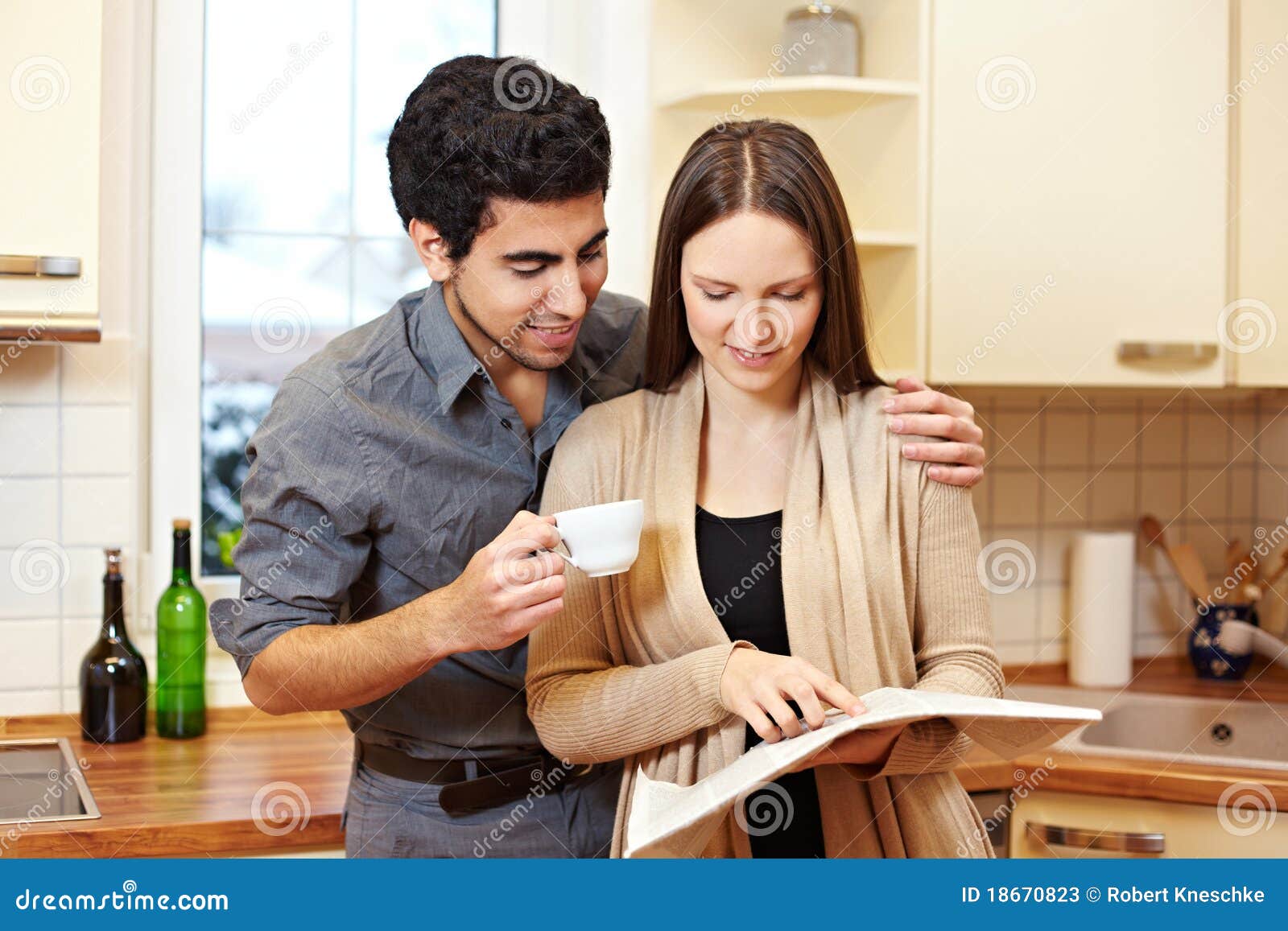 Couple Reading Newspaper Together Stock Image - Image of home, head ...