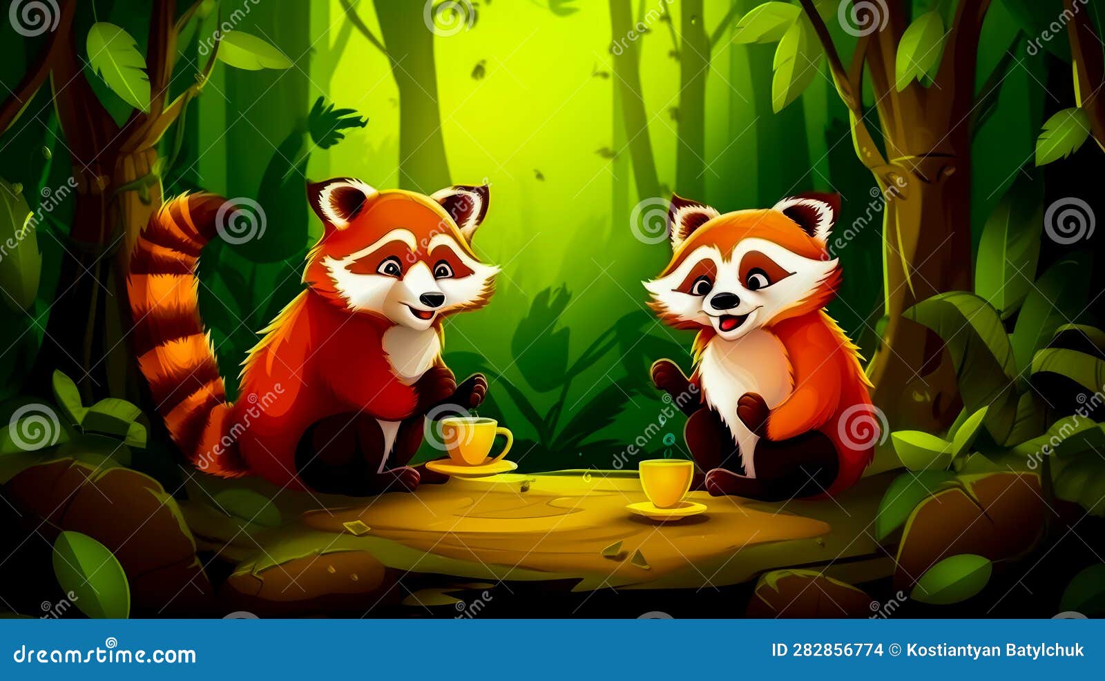 Couple of Red Pandas Sitting at Table with Cup of Coffee. Generative AI ...