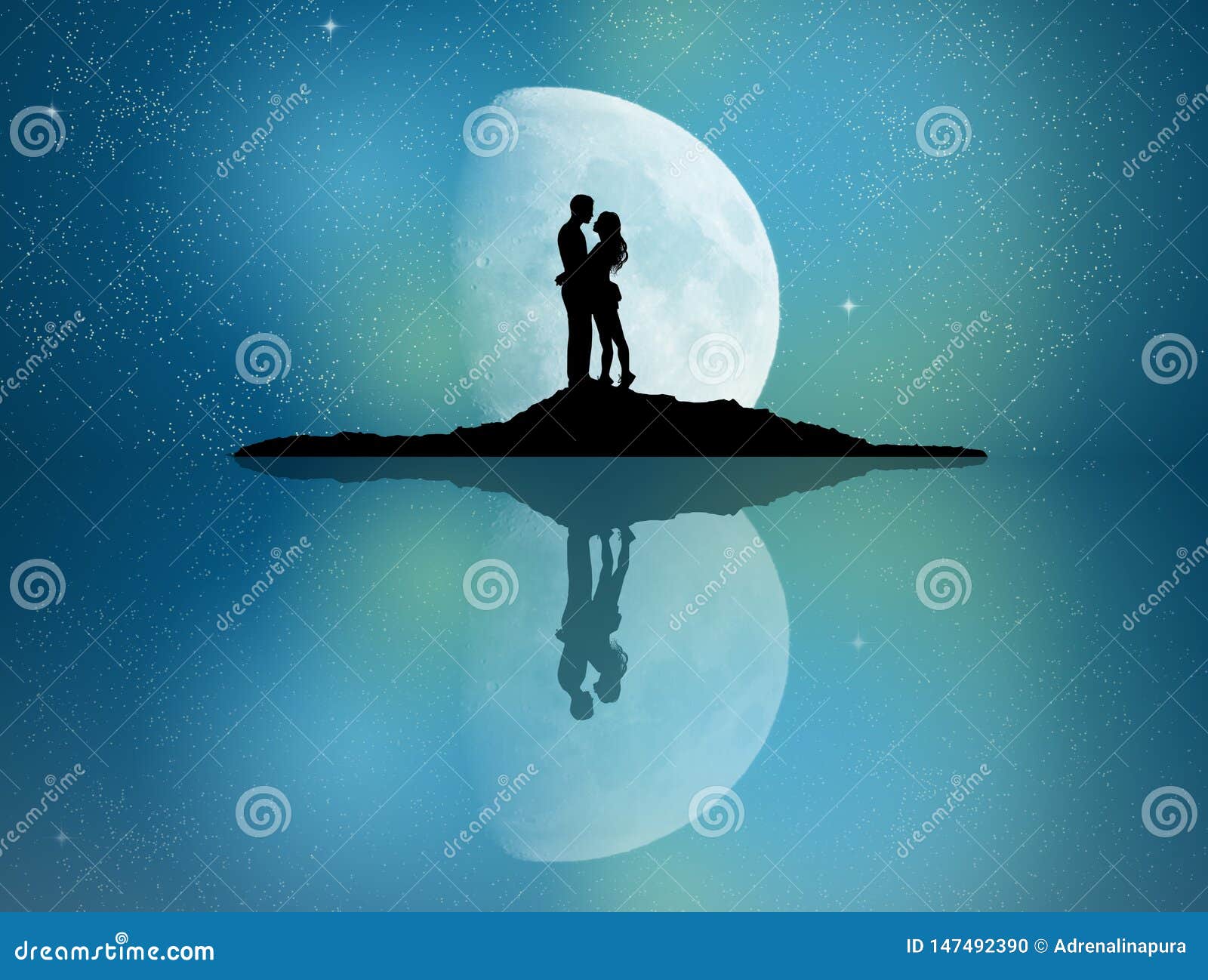 Couple Reflected in the Moonlight Stock Illustration - Illustration of ...