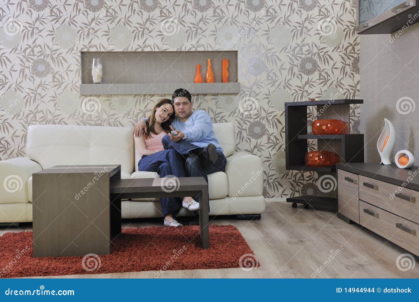 Couple Relax at Home on Sofa in Living Room Stock Photo - Image of ...