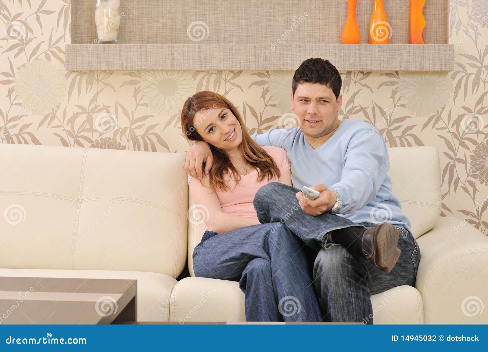 Couple Relax at Home on Sofa in Living Room Stock Photo - Image of face ...