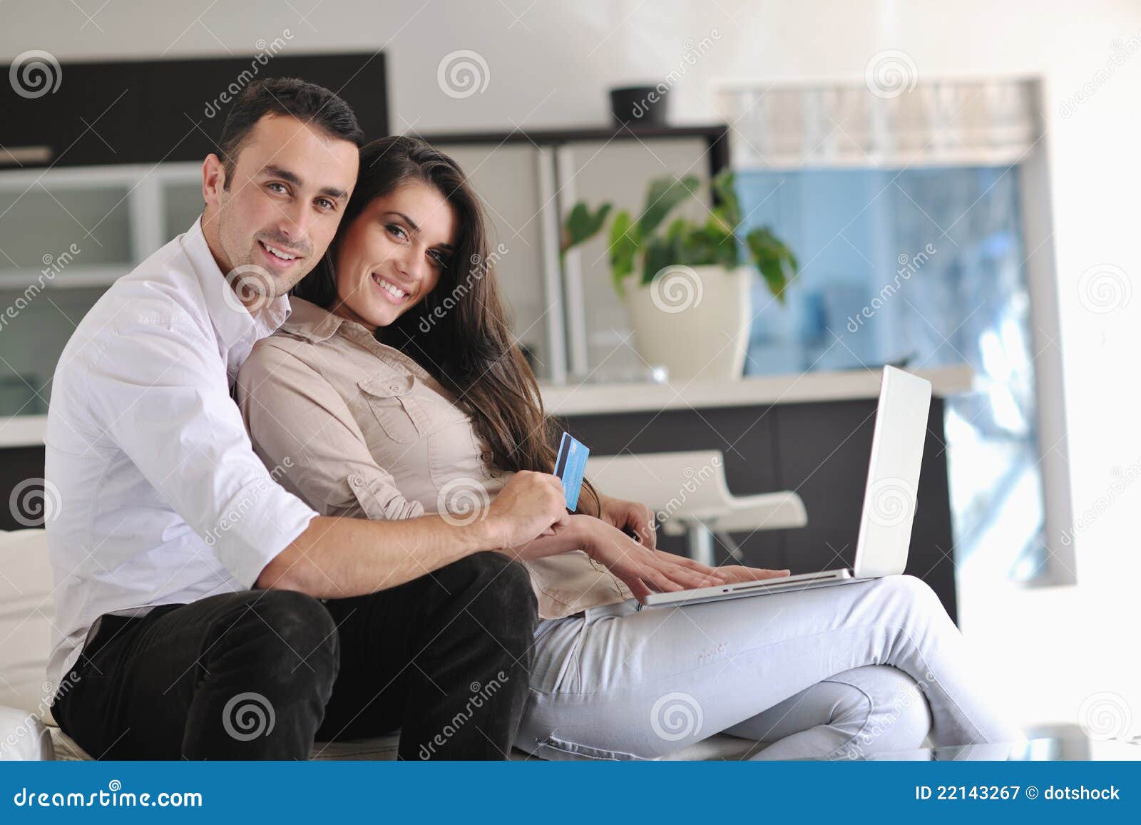 Couple Relax and Work on Laptop Computer at Home Stock Image - Image of ...