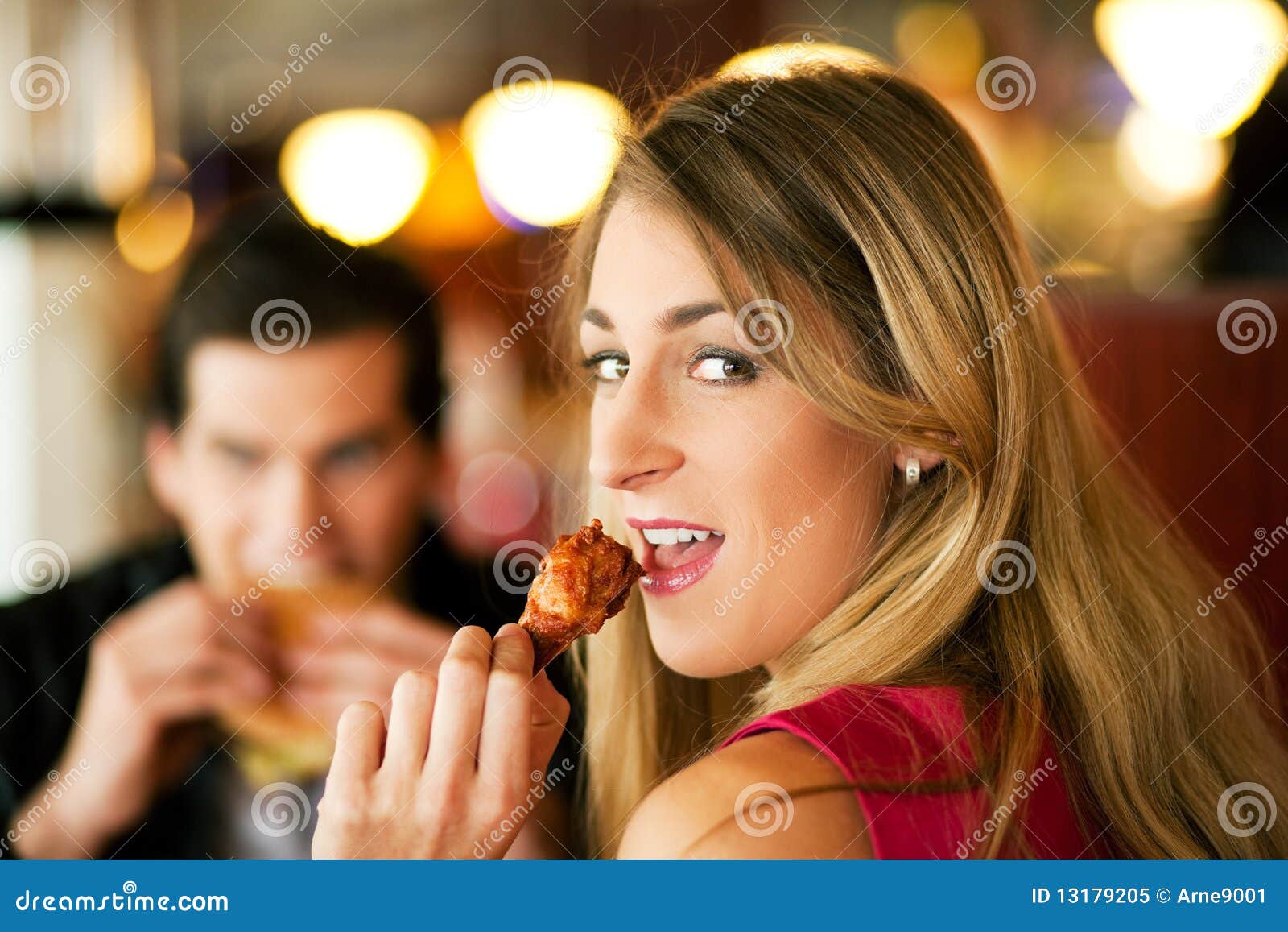 Couple in Restaurant Eating Fast Food Stock Image - Image of love, food ...