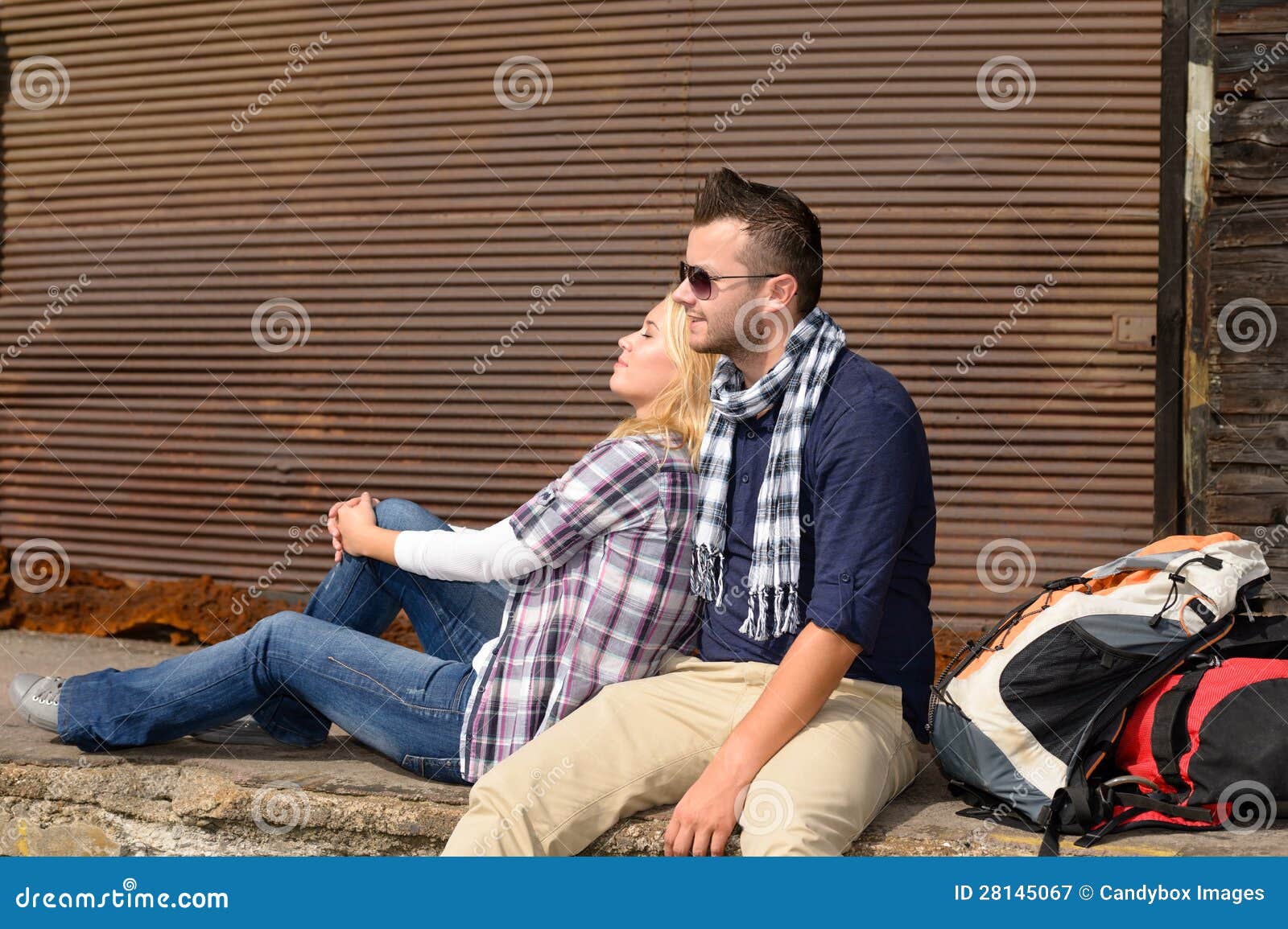 Couple Resting Backpack Travel Tired Sitting Trip Stock Image - Image ...