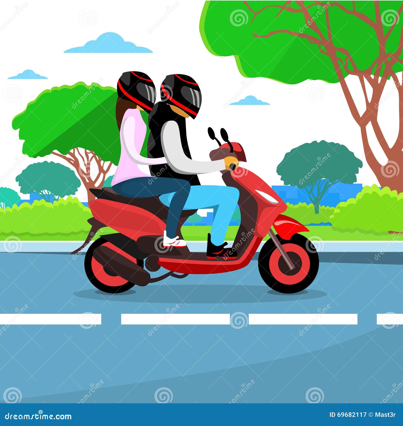 Couple Ride Motorcycle Wearing Helmet Flat Stock Vector - Illustration ...