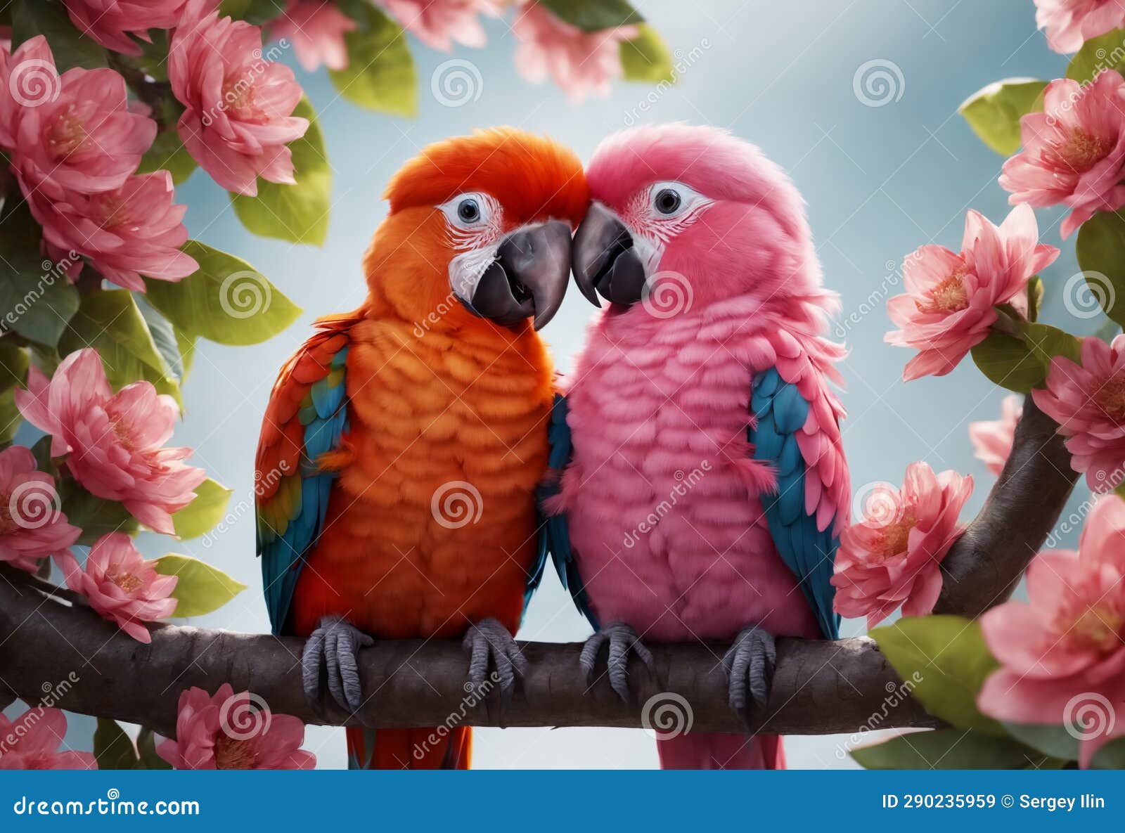 Couple Of Romantic Red Macaw Parrots On Branch Generative Ai Stock Illustration Illustration