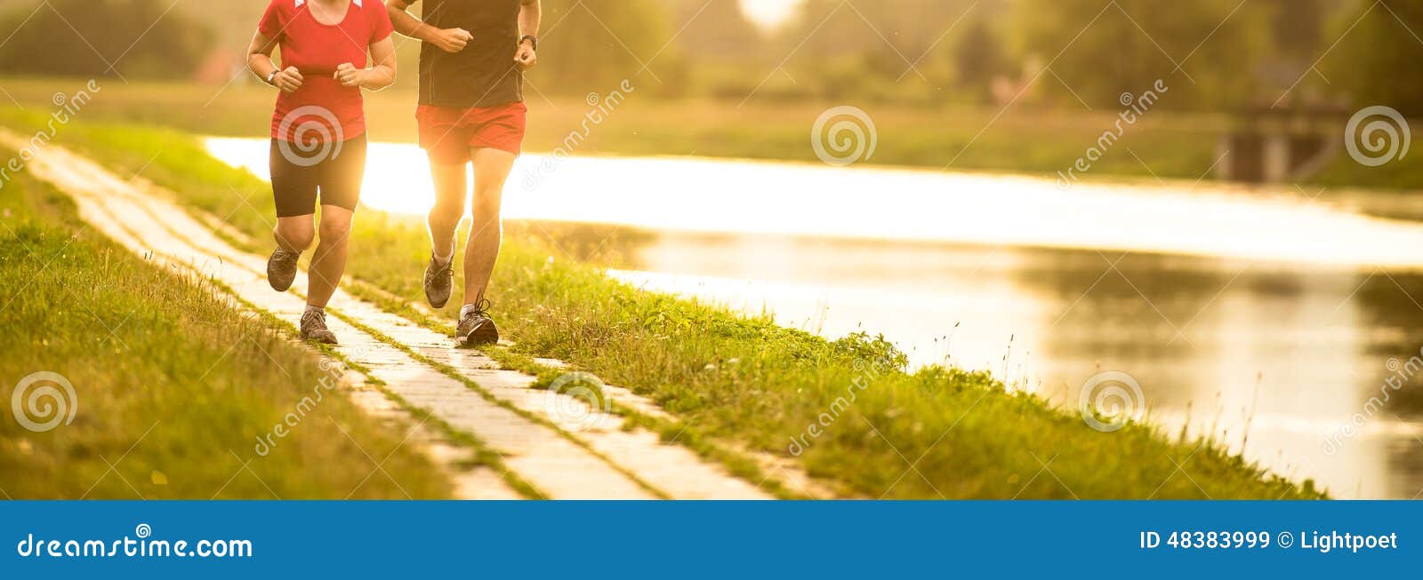 Couple Running Outdoors, at Sunset, by a River Stock Image - Image of ...