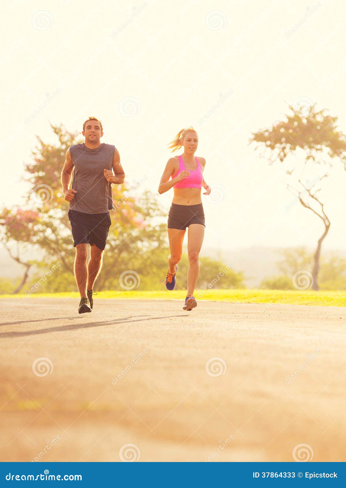 Couple Running in the Park at Sunrise Stock Image - Image of people ...
