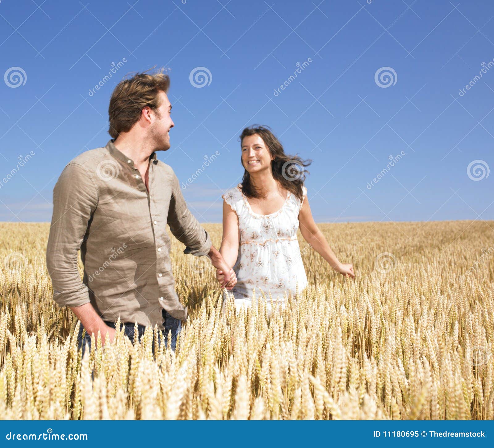 Couple Running in Wheat Field Stock Image - Image of husband, adult ...