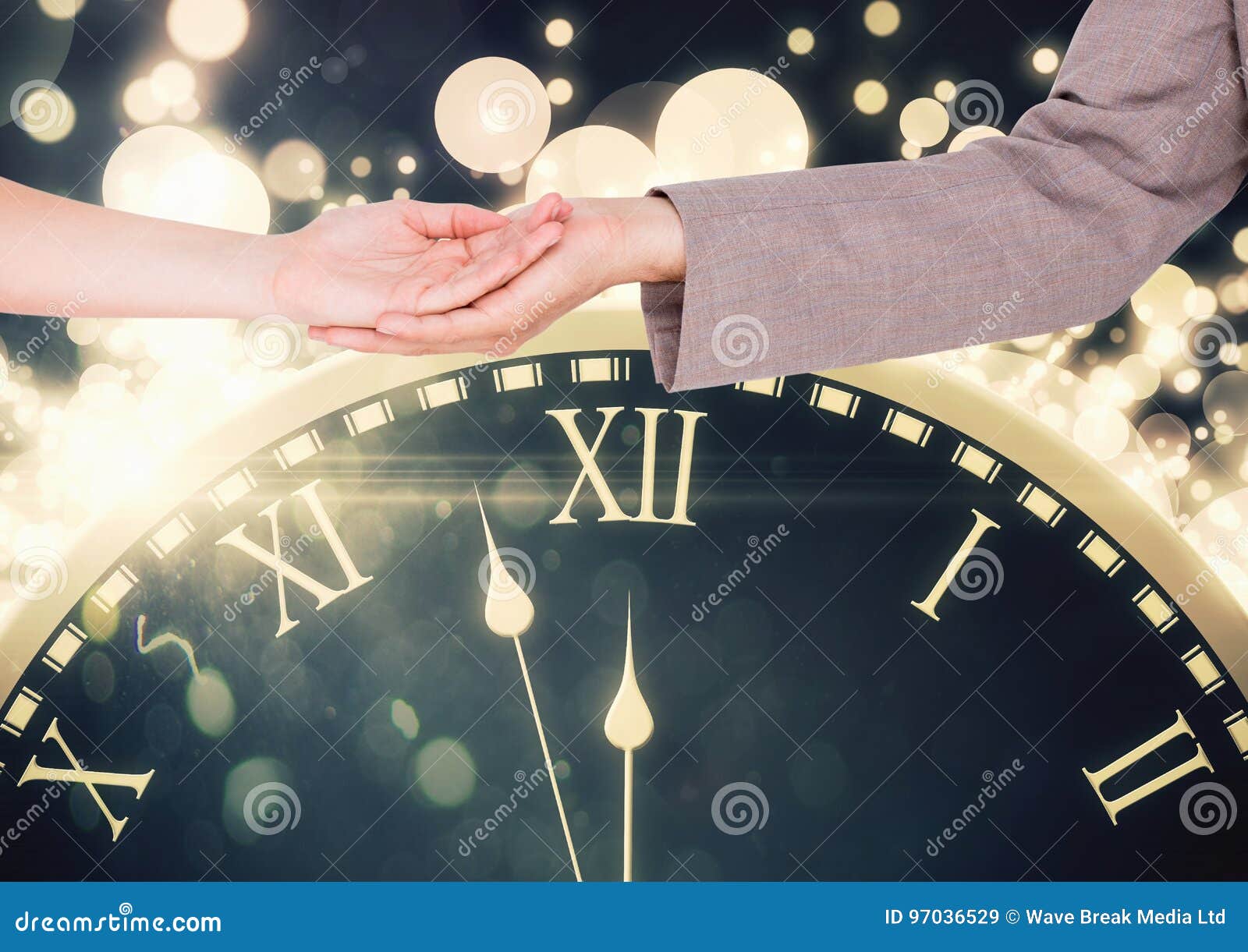 Couple`s Hands Holding Over Magical Time Clock with Sparkles Stock ...