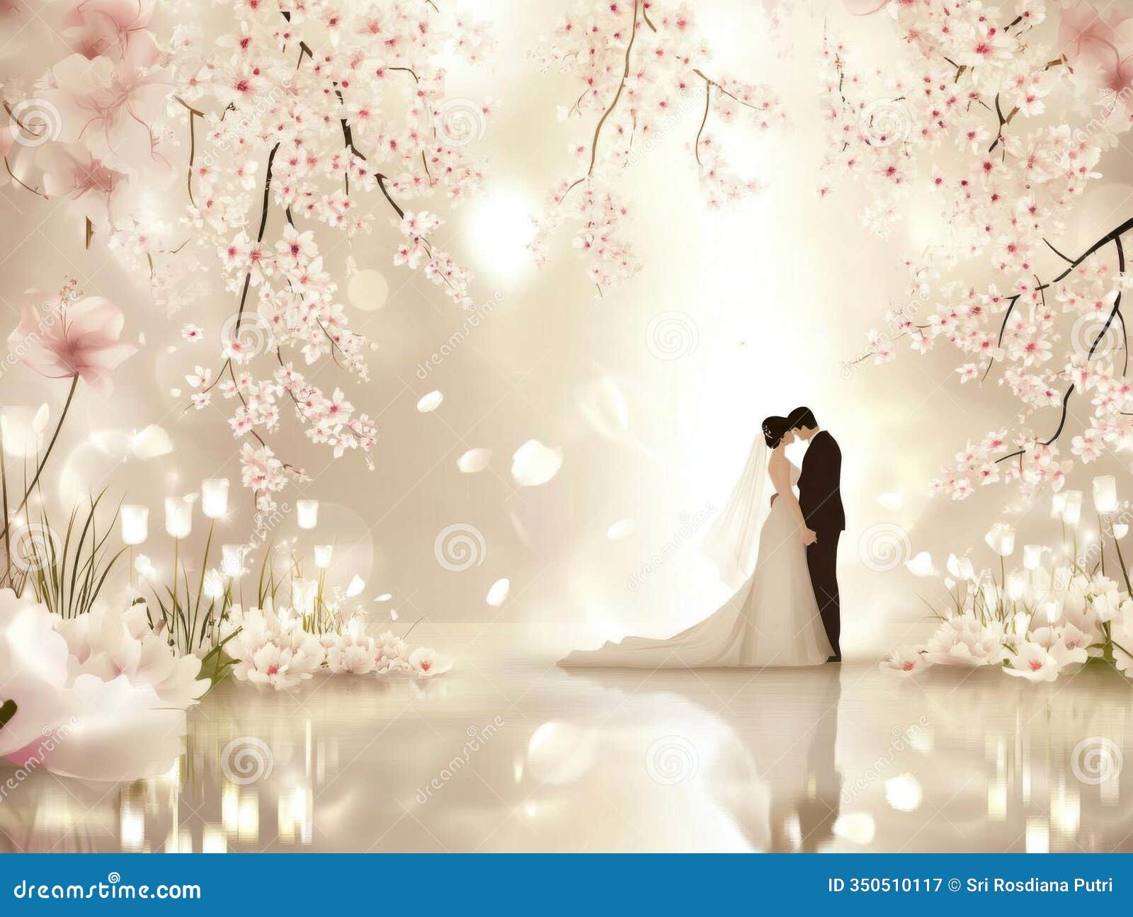 A Couple Romantic Embrace Under Cherry Blossoms Stock Illustration ...