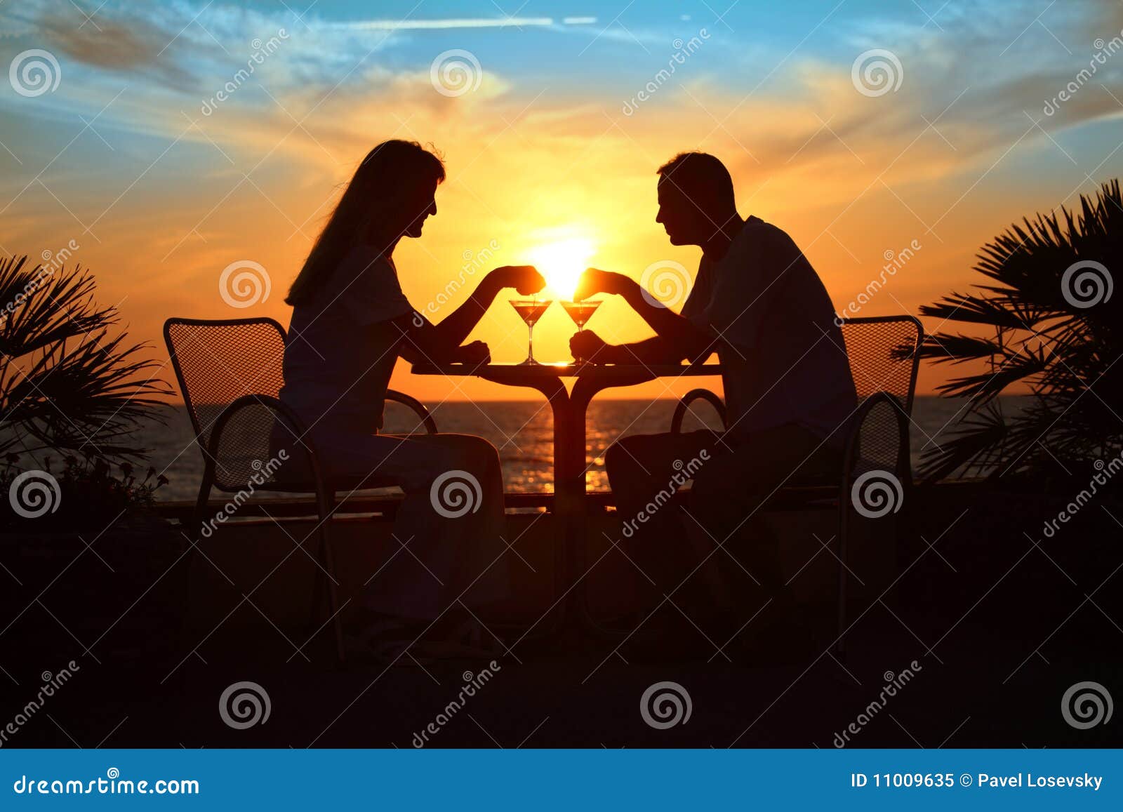 Couple S Silhouettes on Sunset Sit at Table Stock Image - Image of girl ...
