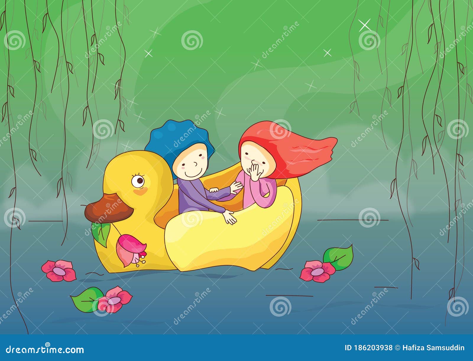 Couple Sailing in Duck Boat. Vector Illustration Decorative Design ...