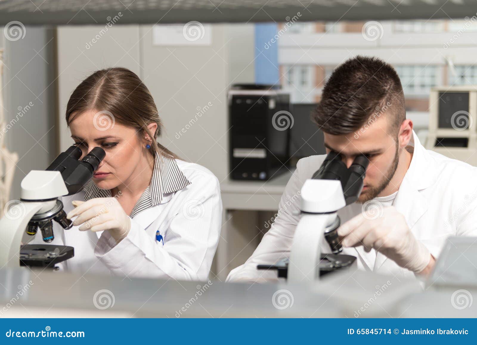 Couple of Scientists Looking into a Microscope Stock Photo - Image of ...