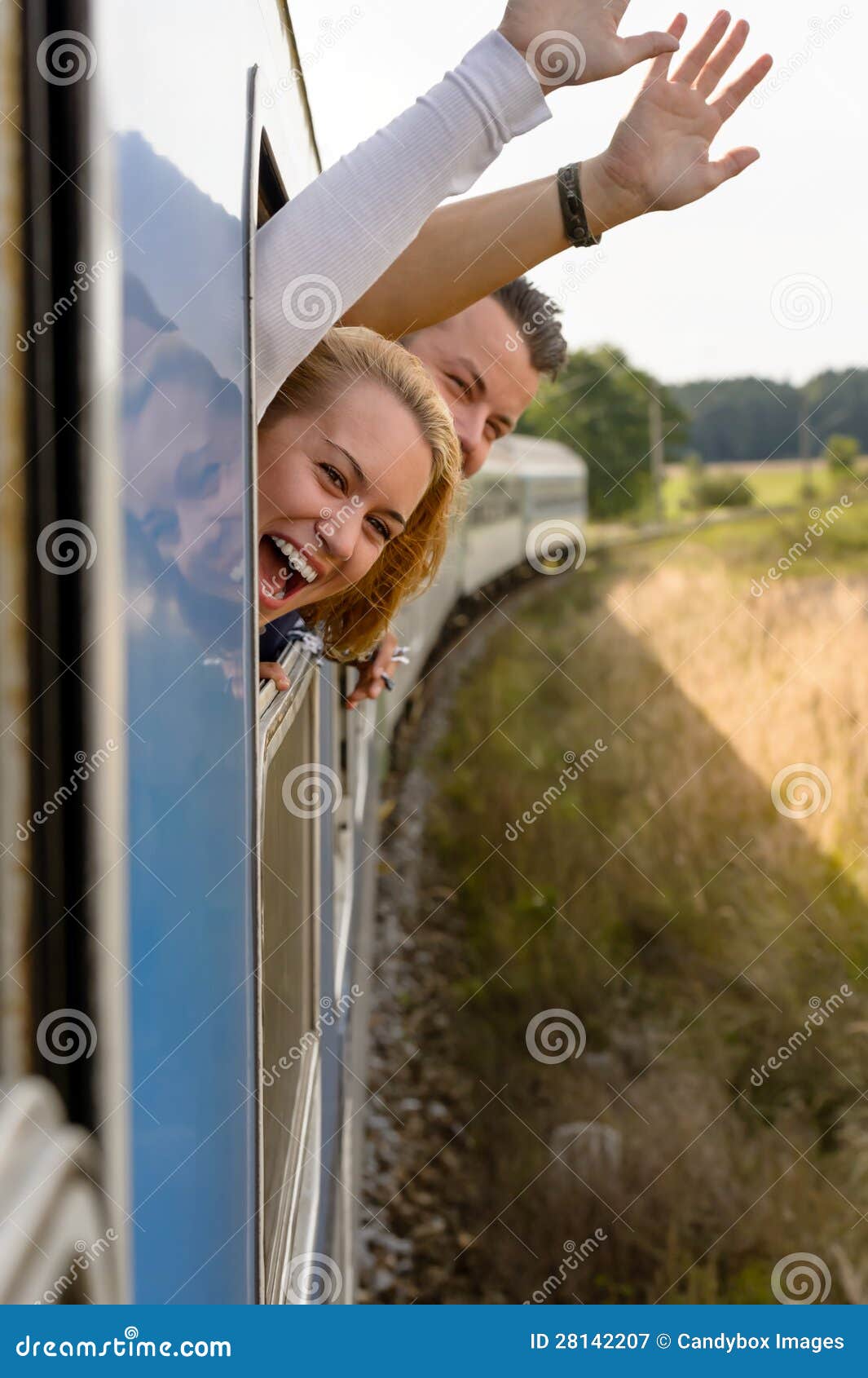 Couple Screaming Out Train Window Waving Happy Stock Image - Image of ...