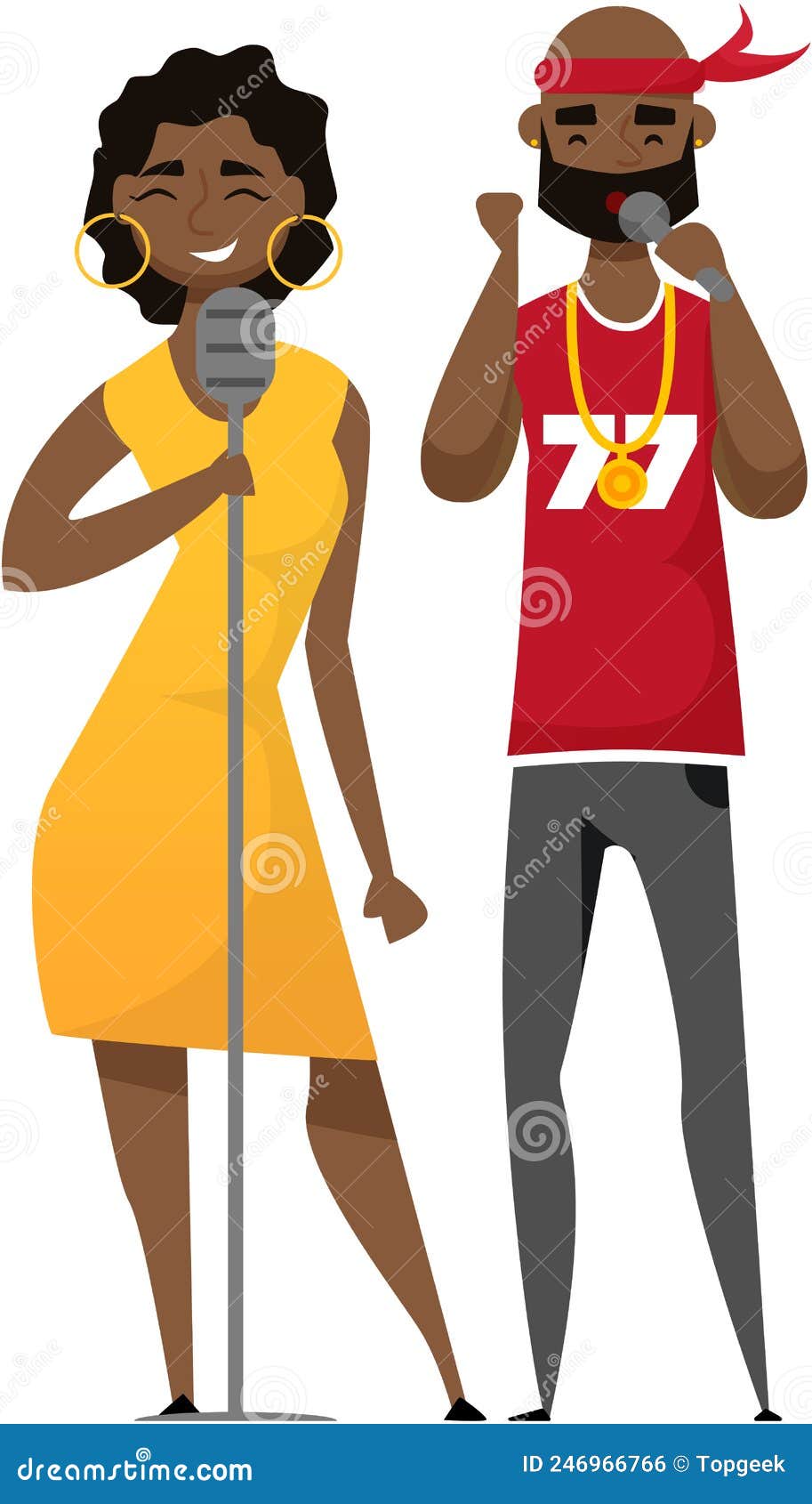 Couple Of Singers With Microphones Cartoon Afro American Male Female