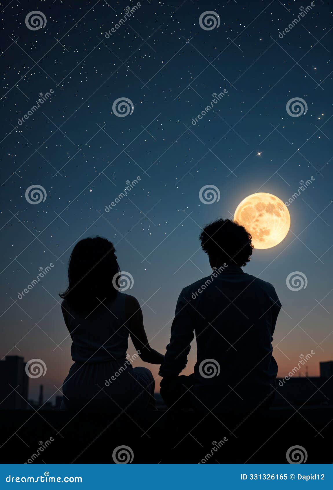 Couple Sitting on the Balcony Ground Looking at the Full Moon in the ...