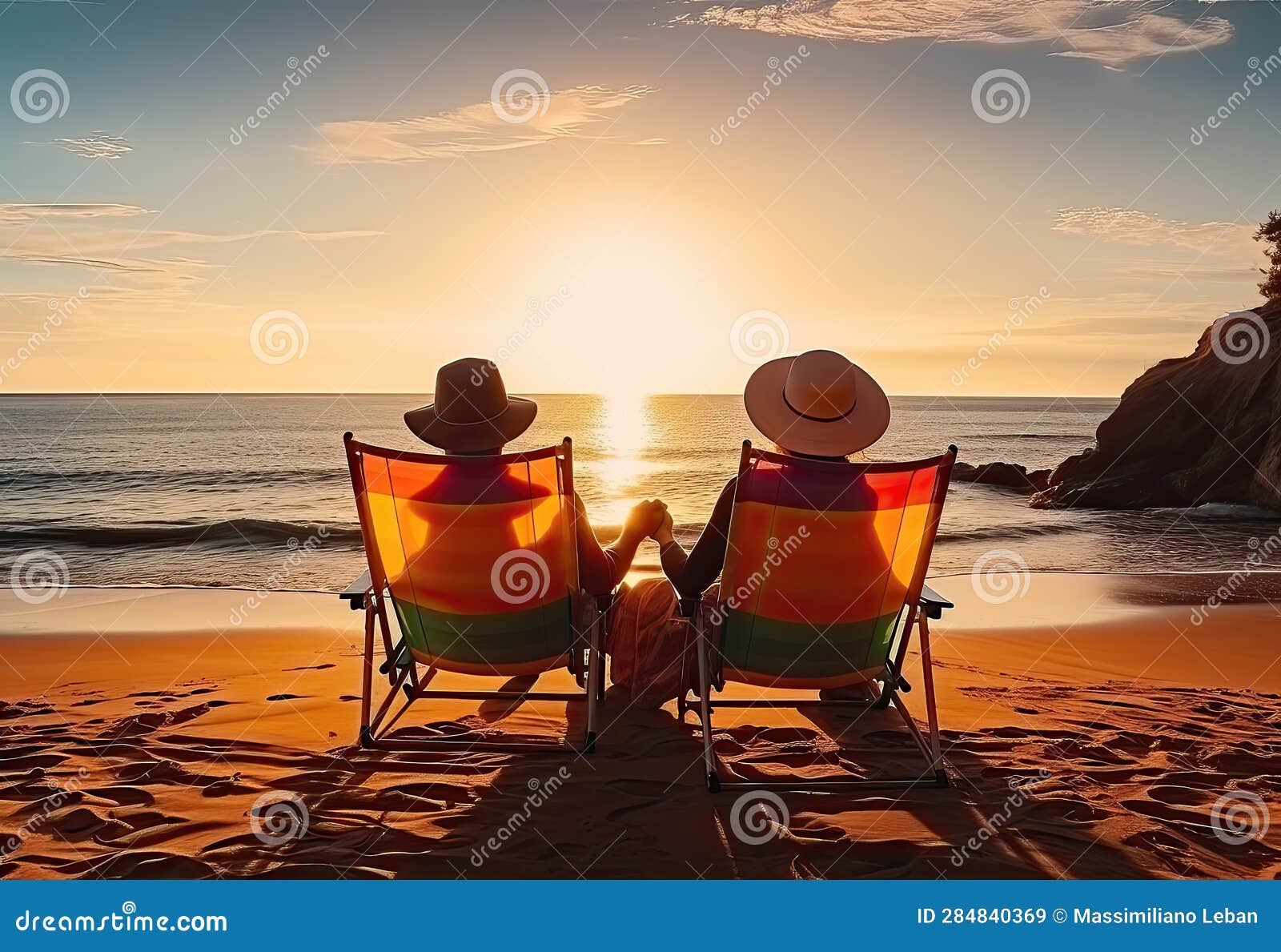 Couple on a Beach Watching the Sunset Stock Illustration - Illustration ...